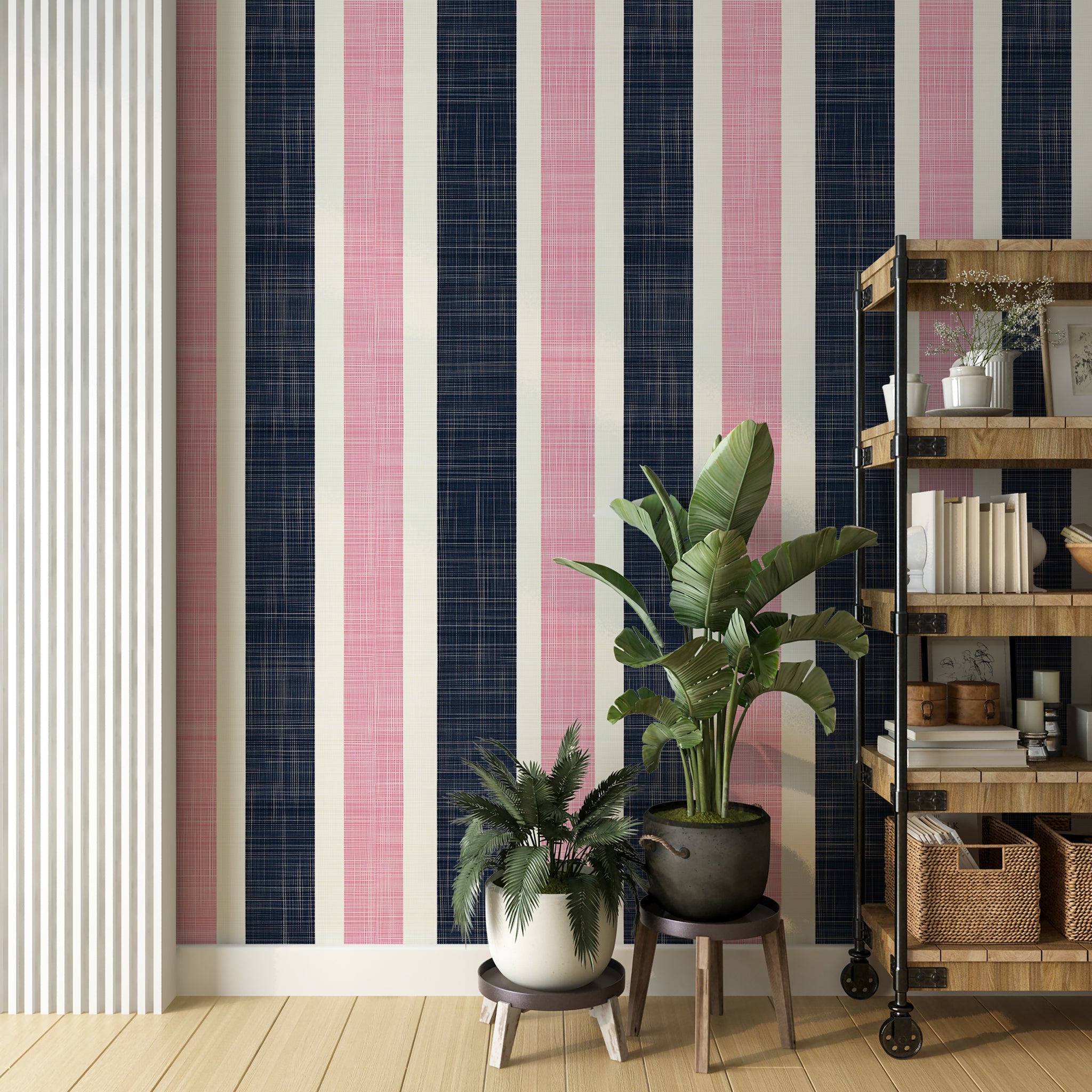 Navy White and Pink Striped Wallpaper - Linen Style Classic Wallpaper