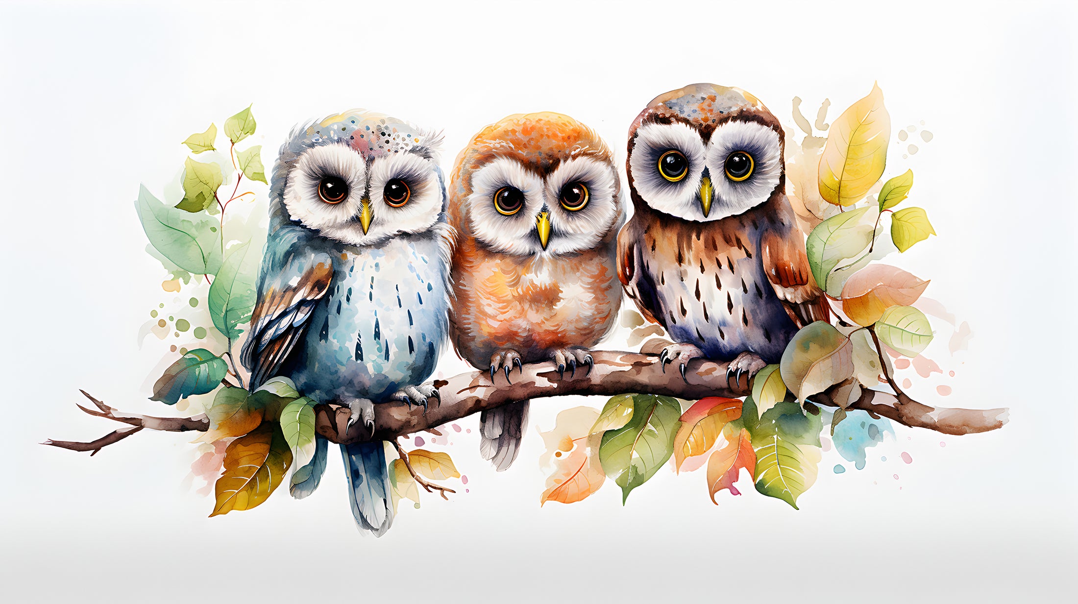 Watercolor Owls Mural - Colorful Birds Wallpaper