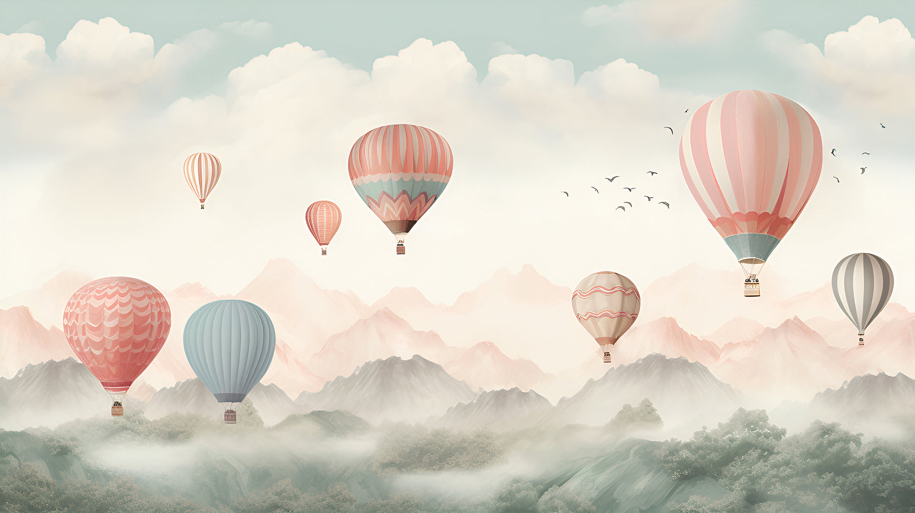 Nursery Hot Air Balloons Wall Mural - Mountains Landscape Mural