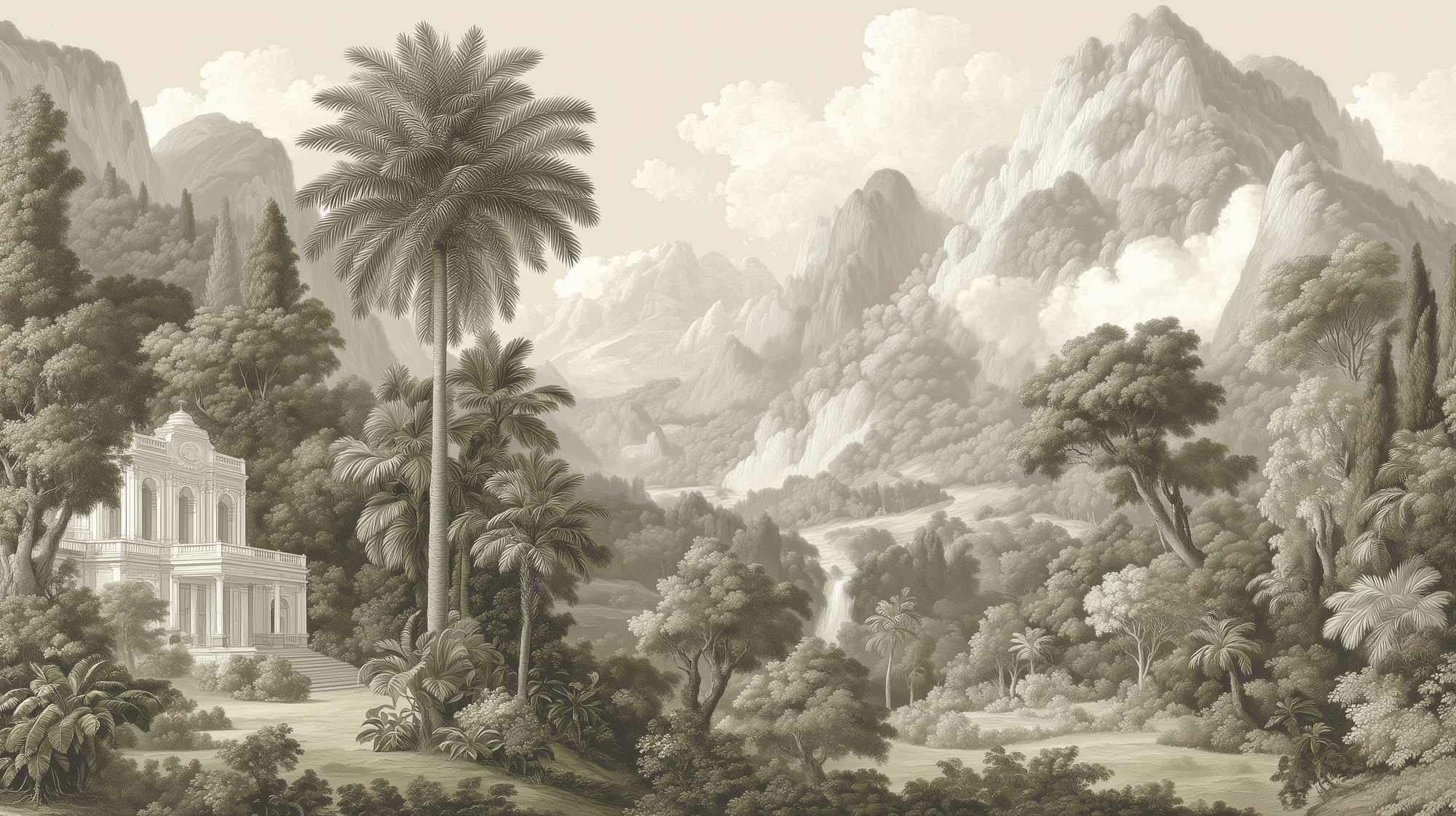 Sepia Jungle Wall Mural - Monochrome Tropical Landscape Wallpaper