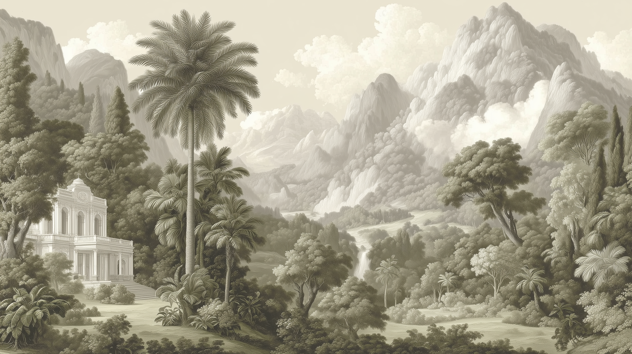 Sepia Jungle Wall Mural - Monochrome Tropical Landscape Wallpaper