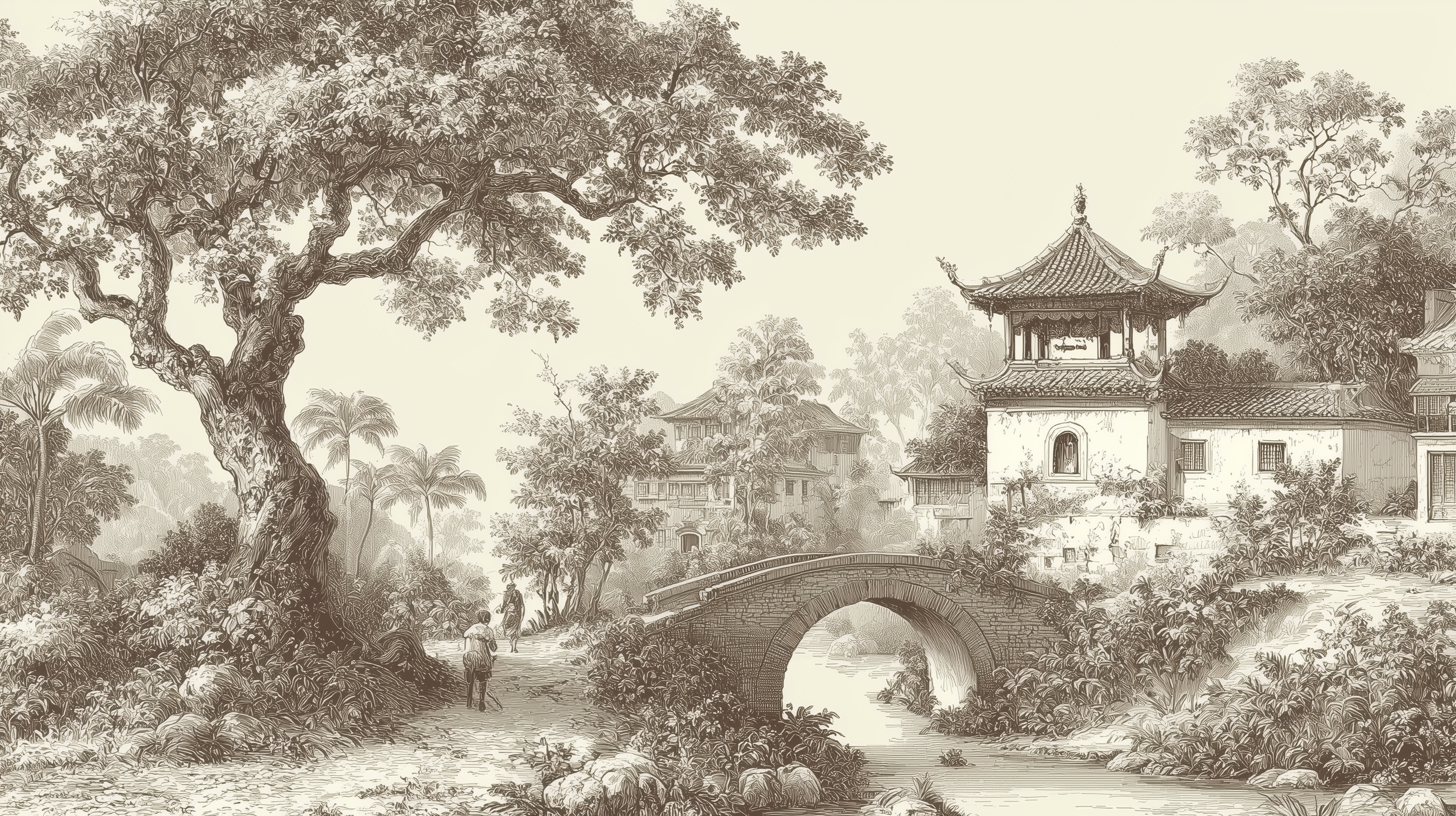 Sepia Japanese Countryside Landscape Mural - Traditional Asian Garden