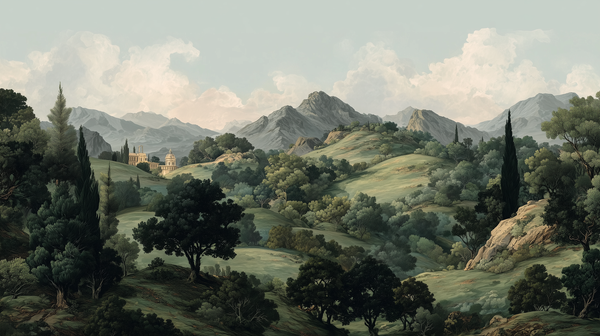 Italian Countryside Mural Classical Hills & Forest Landscape Wallpaper