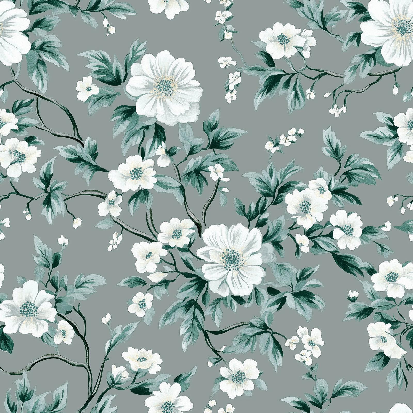 Grey Floral Wallpaper - White and Green Botanical Wall Decor