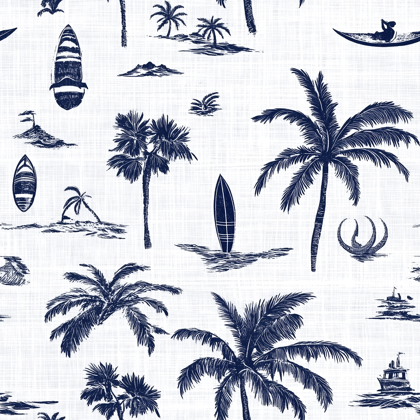 Blue and White Tropical Symbols Wallpaper - Palm Trees and Surfboards