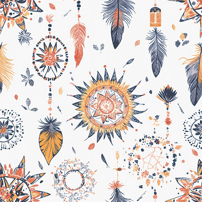 Boho Symbols White Wallpaper - Feathers Bohemian Wall Decor
