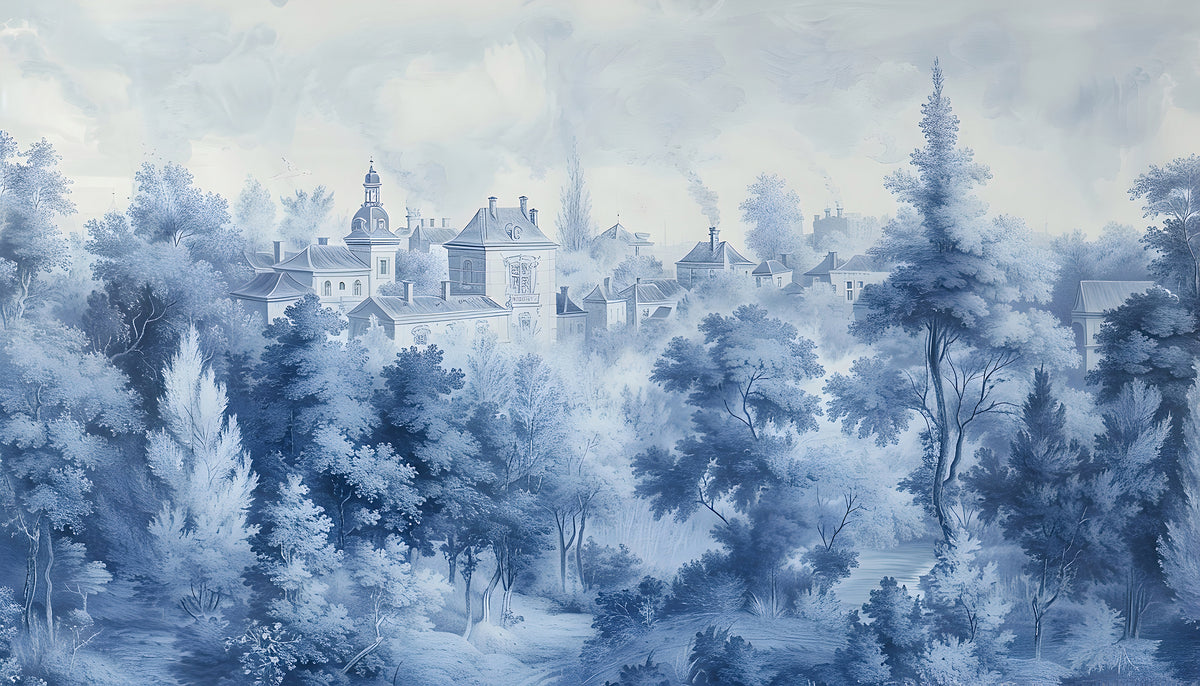 Blue Monochrome Trees and Village Mural - Toile de Jouy Style Mural
