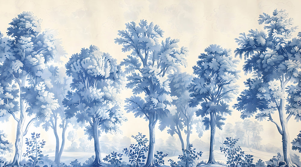 Toile de Jouy Style Mural - Blue Monochrome Trees Wallpaper