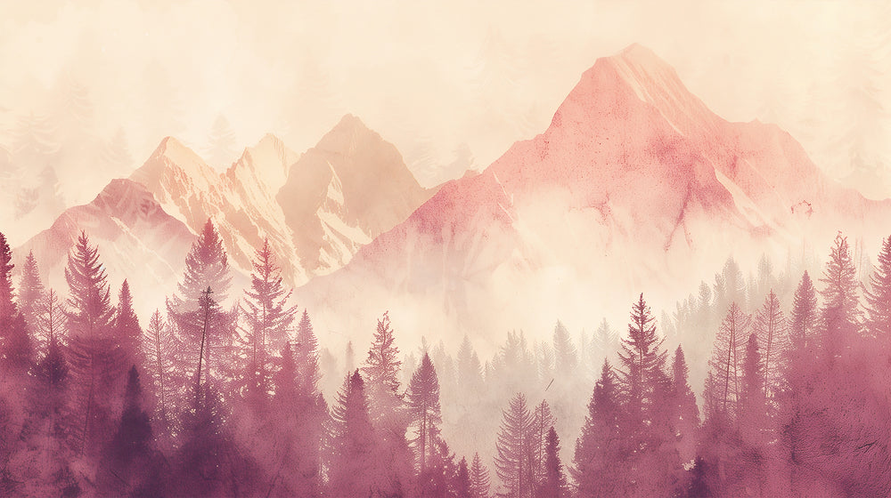 Soft Pink Watercolor Mountain and Forest Wallpaper