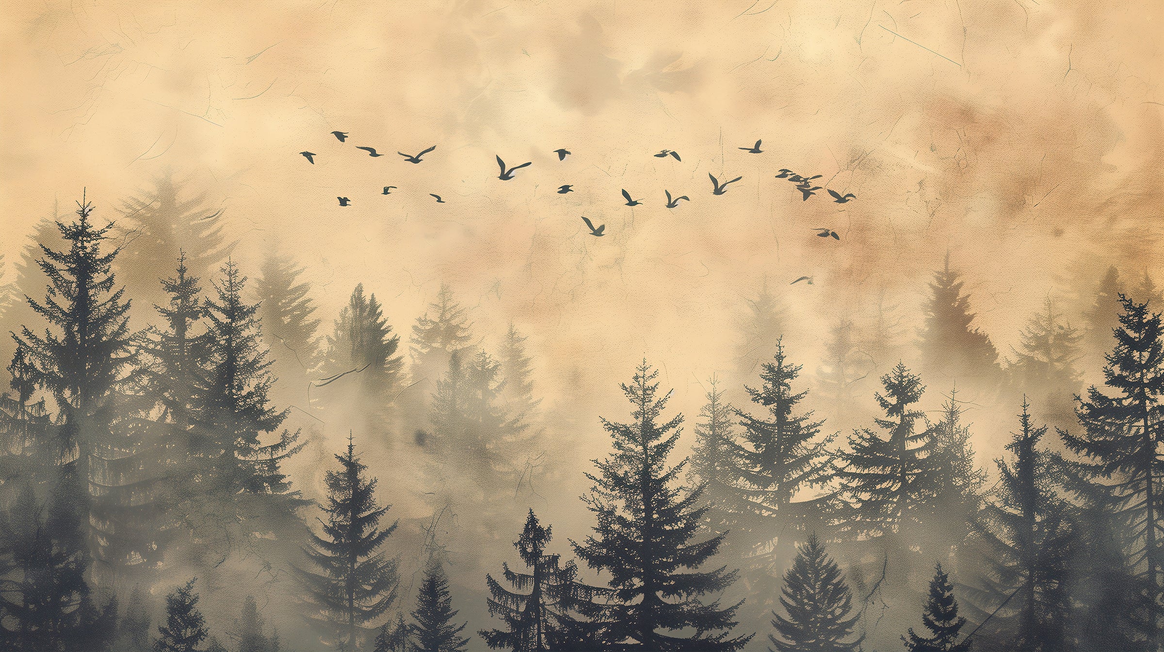 Birds and Pine Forest Vintage Mural - Beige Foggy Forest Wallpaper