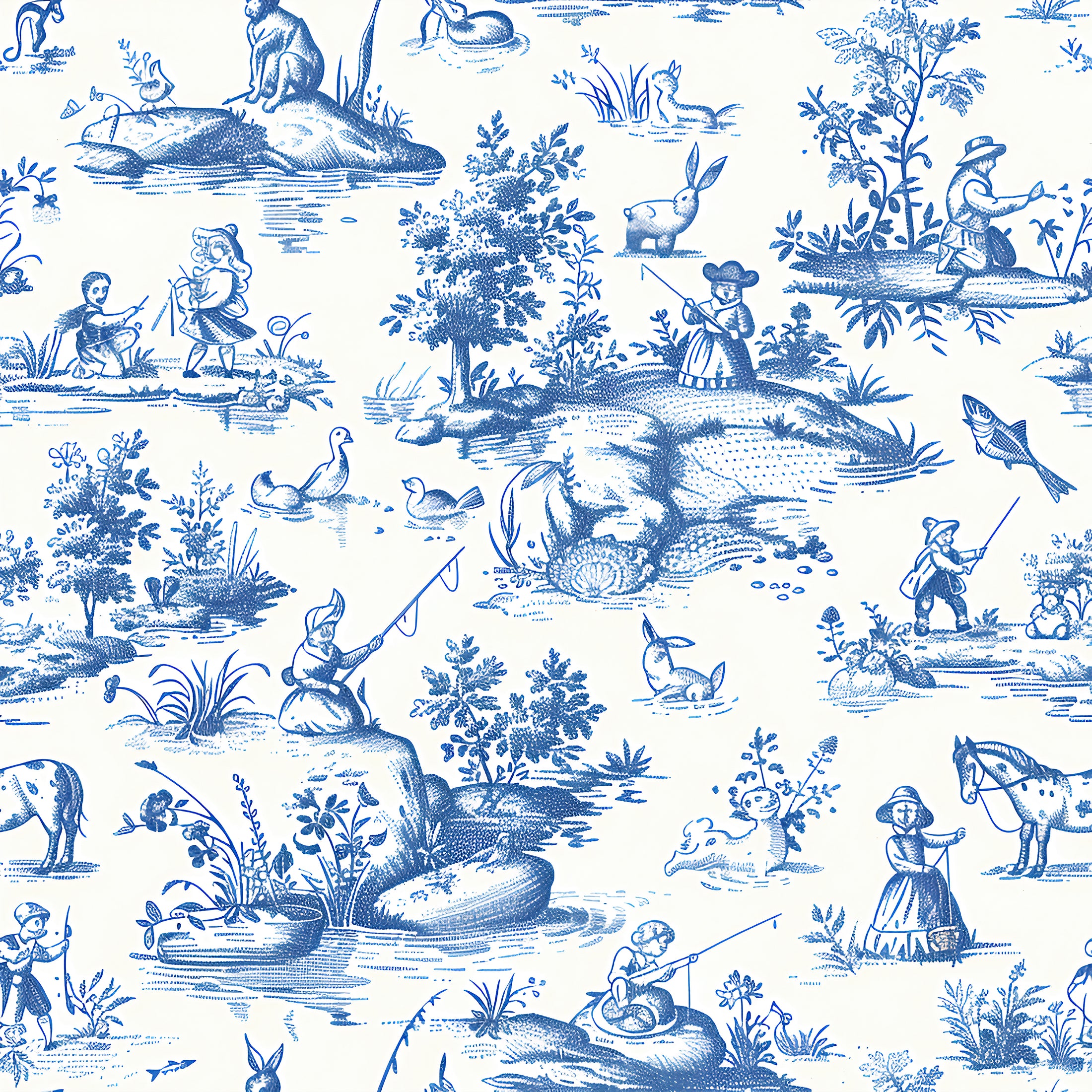 Toile de Jouy Wallpaper - White and Blue Classic French Wall Decor