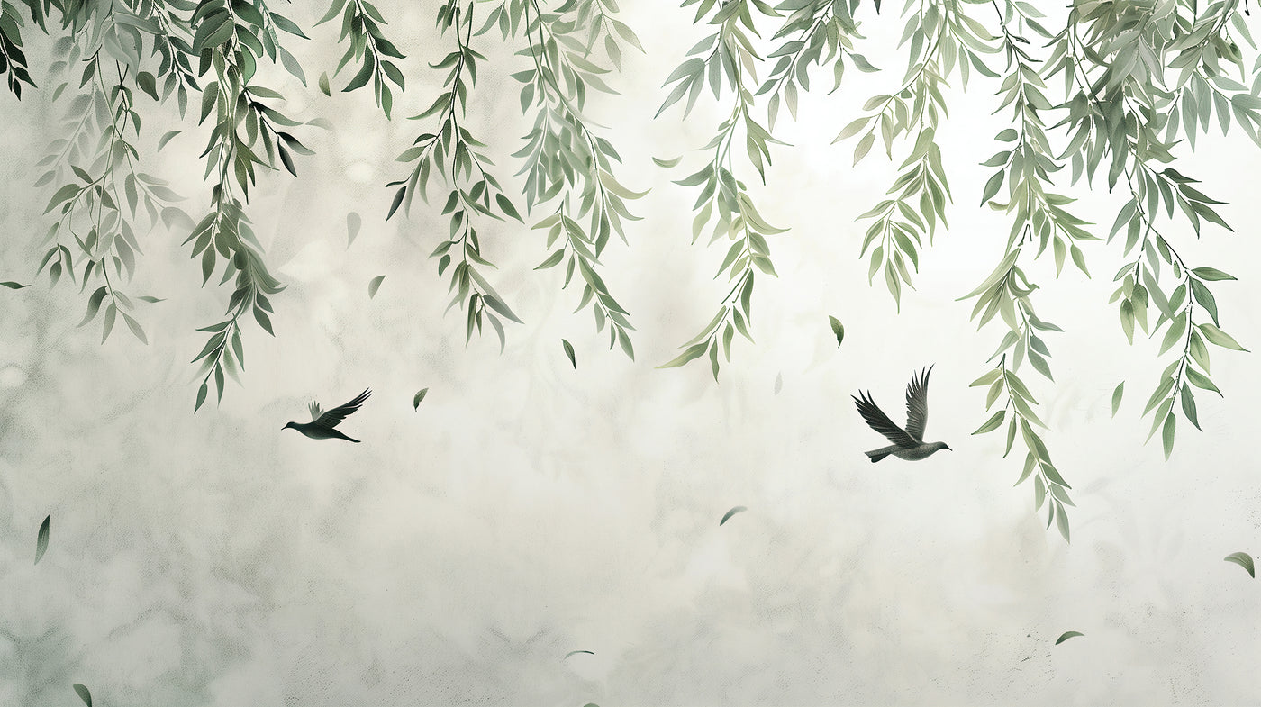 Willow Branches and Birds Wall Mural - Hanging Leaves Wallpaper