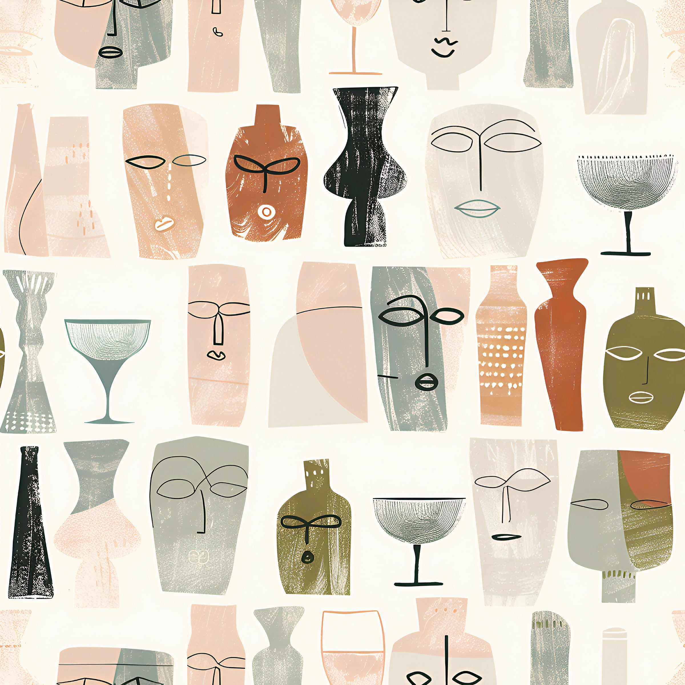 Abstract Vases with Faces Wallpaper - Pastel Colors Art Deco