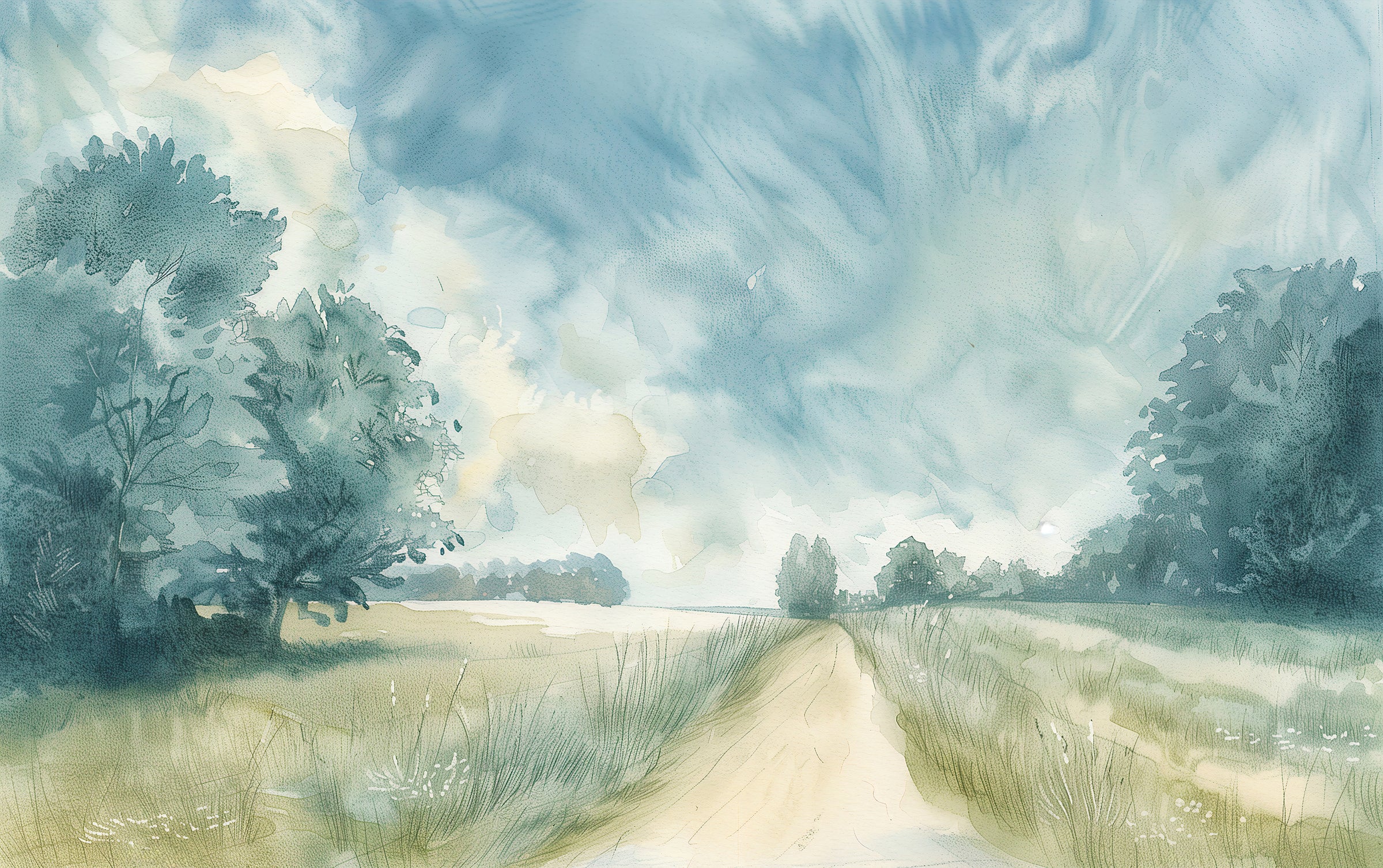 Muted Scenic Mural - Field and Trees Landscape Vintage Wallpaper