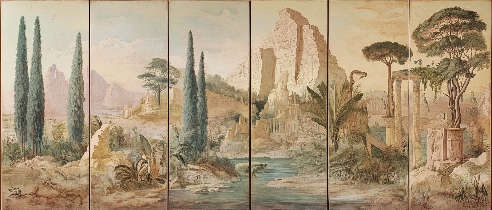 Vintage Landscape in Old Panels Style Mural - Old Greek Ruins Scenic