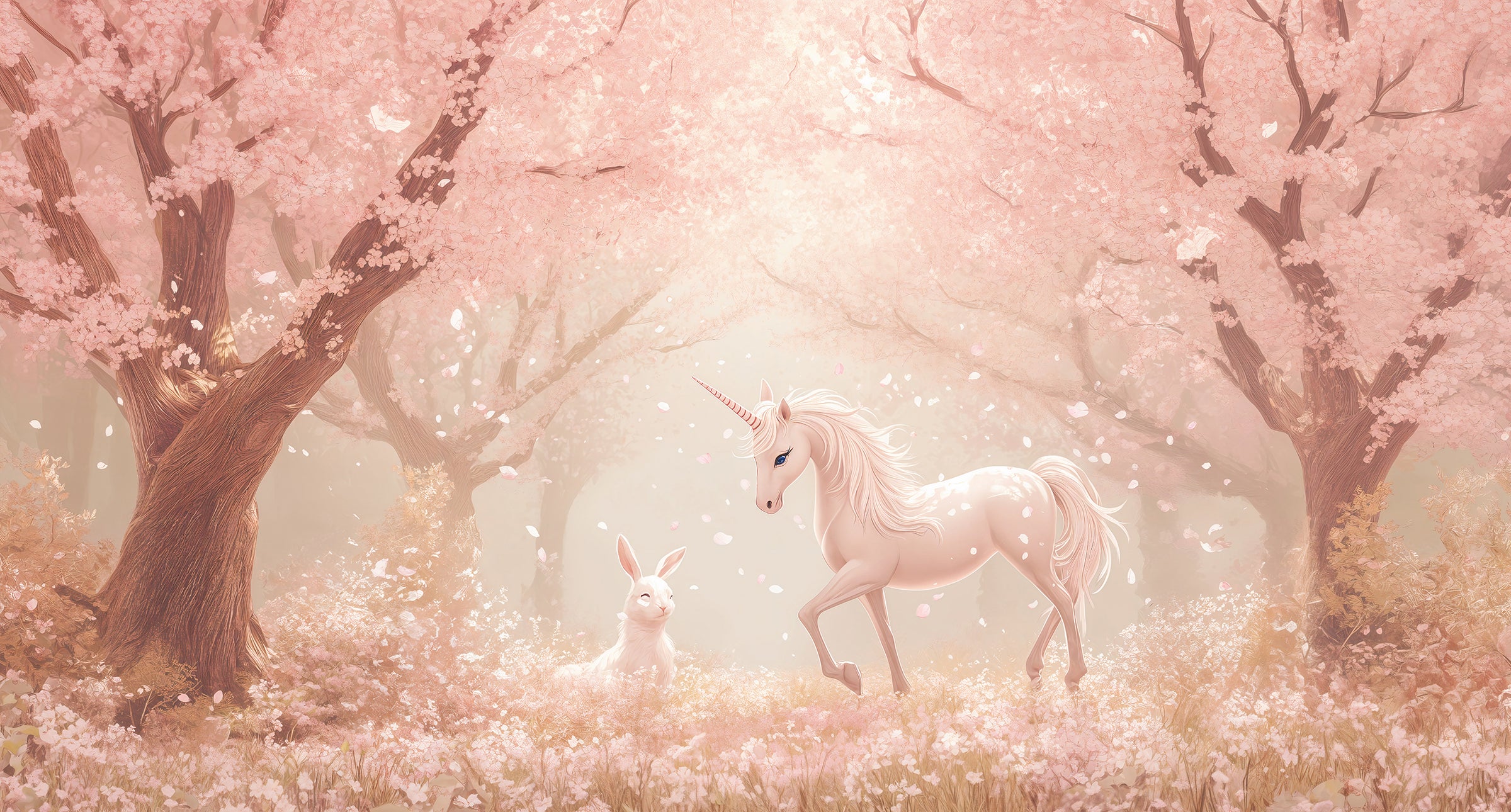 Unicorn and Rabbit in Fairytale Pink Forest Nursery Wall Mural