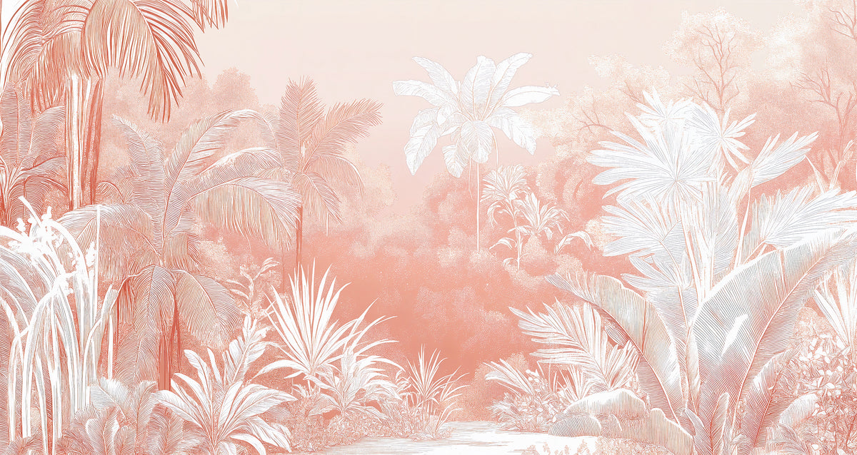 Pink and White Monochrome Tropical Forest Mural - Abstract Jungle Art