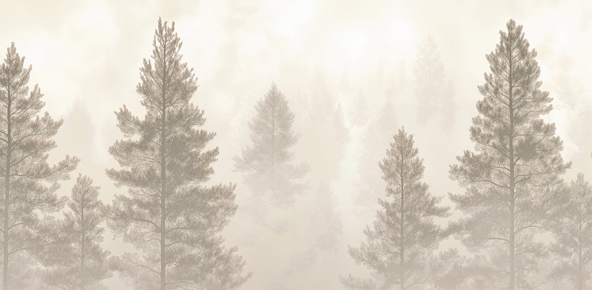 Beige Monochrome Pine Forest Mural - Minimalist Foggy Forest Wallpaper