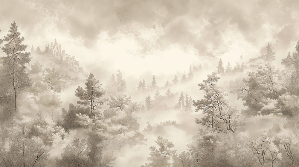 Beige Monochrome Forest Mural - Peel and Stick Beige Sepia Landscape