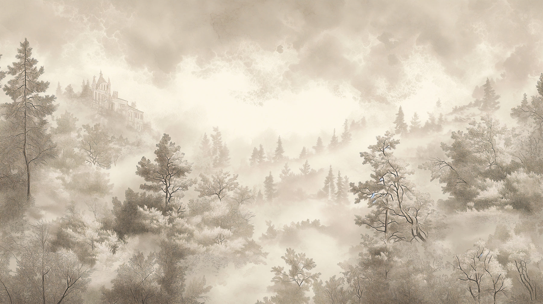 Beige Monochrome Forest Mural - Peel and Stick Beige Sepia Landscape