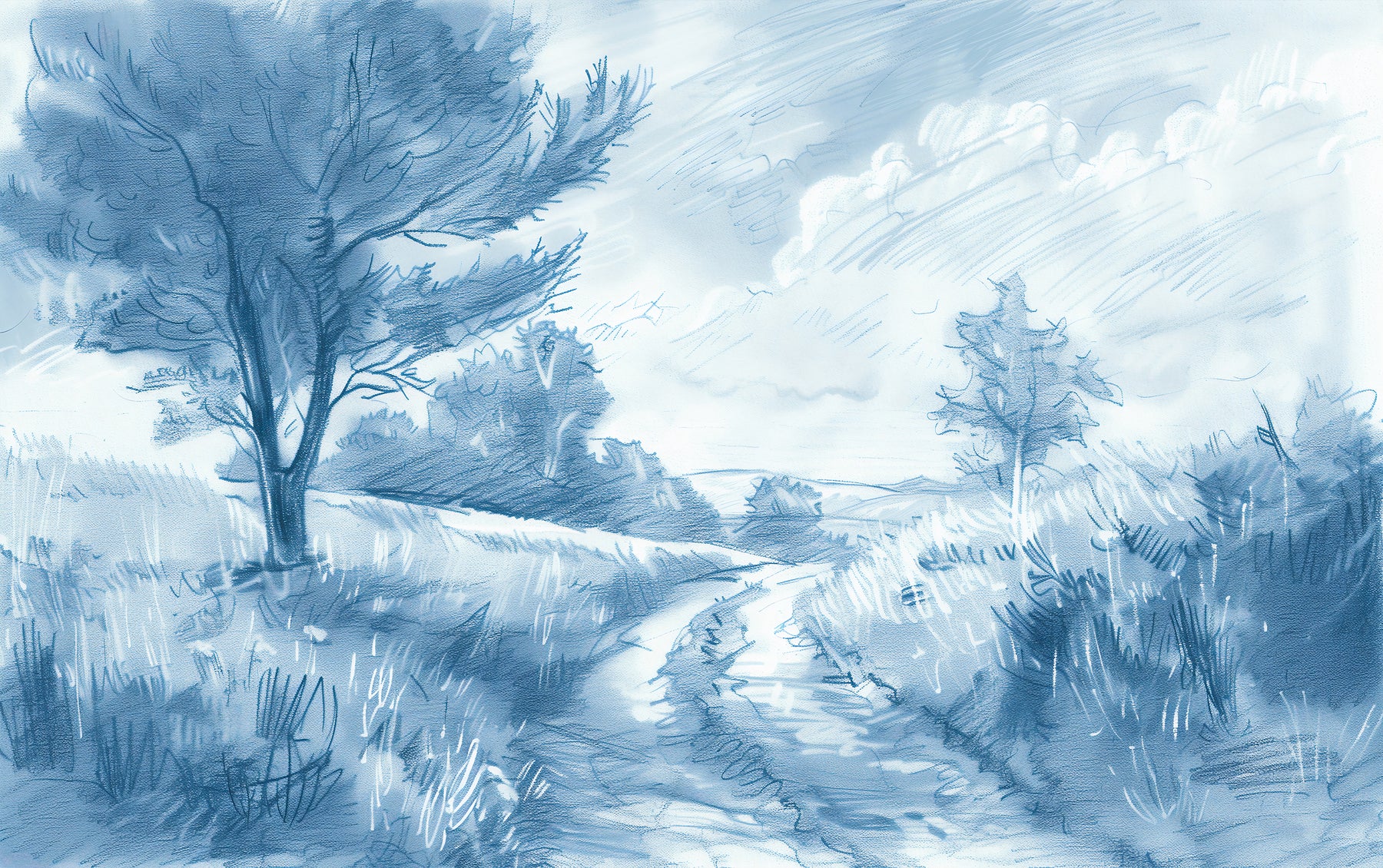 Blue Monochrome Field Mural - Toile De Jouy Landscape Wallpaper