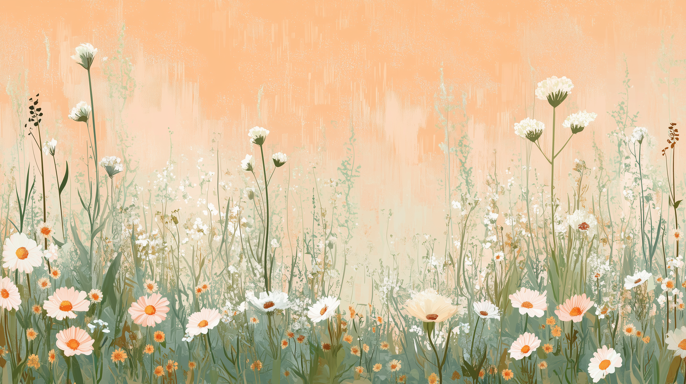 Peach Color Flower Field Mural - Soft Kids Room Wild Daisies Wallpaper