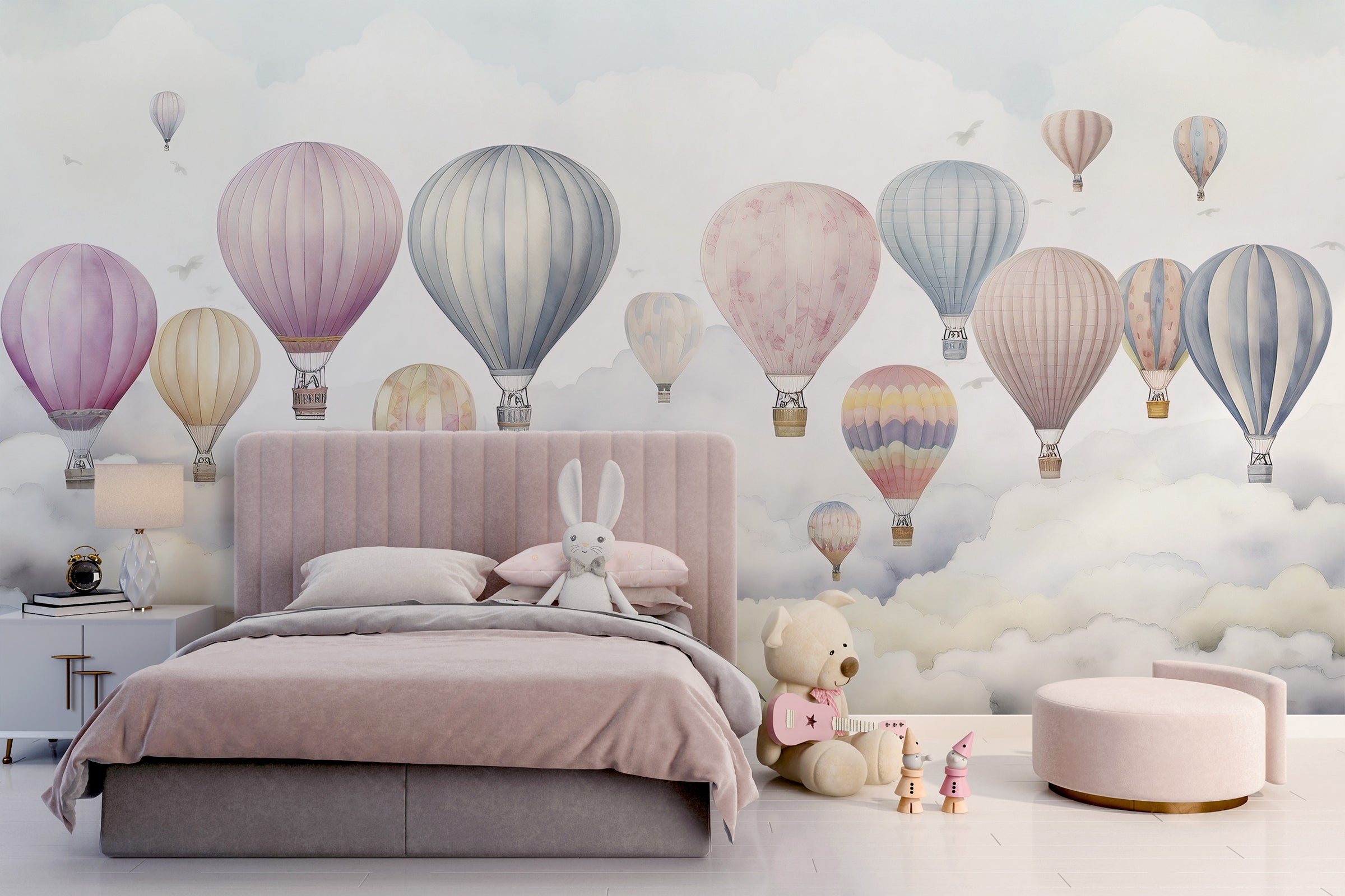 Hot Air Balloons Mural - Watercolor Nursery Wallpaper - Peel and Stick