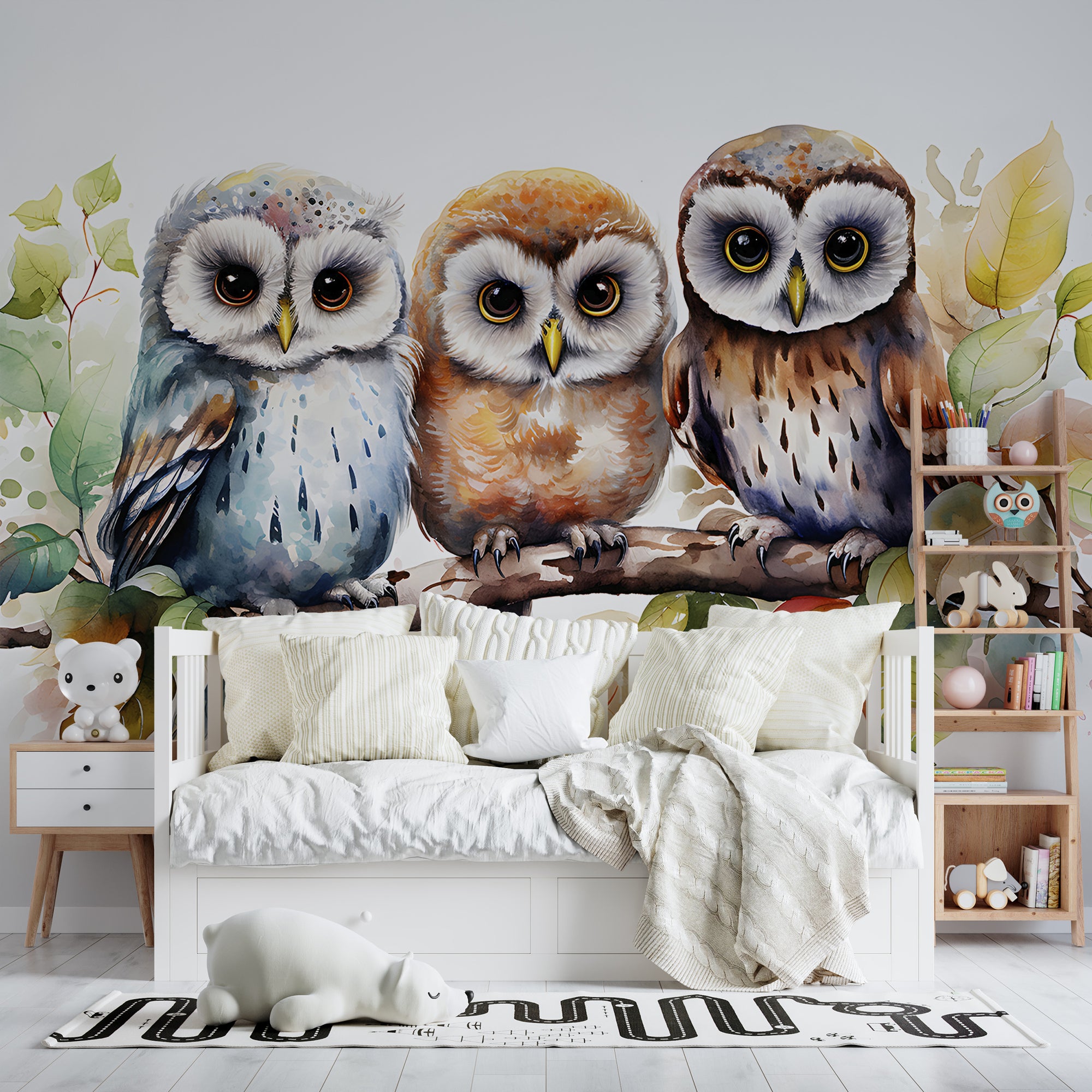 Watercolor Owls Mural - Colorful Birds Wallpaper