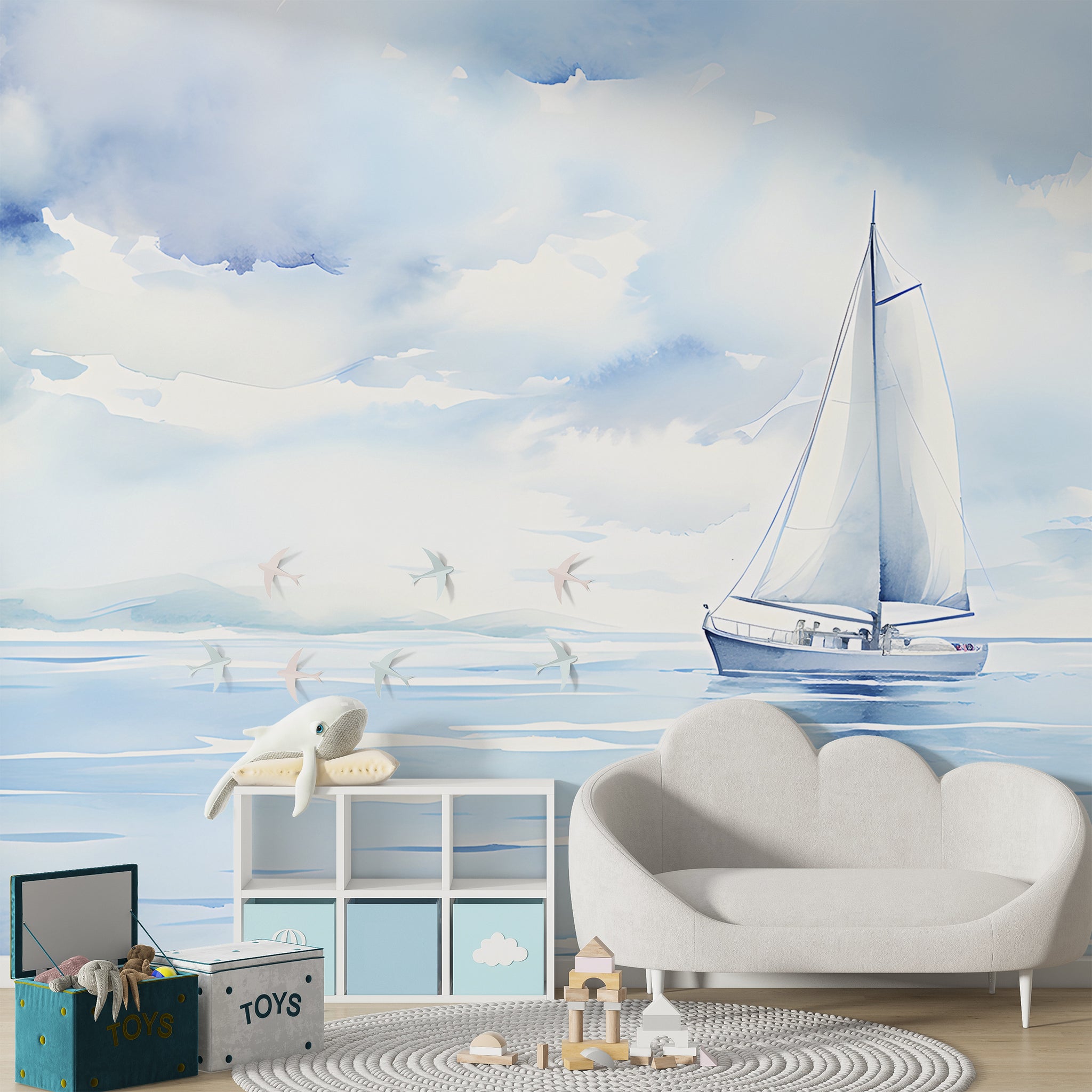 Sailboat Mural - Watercolor Ocean Mural