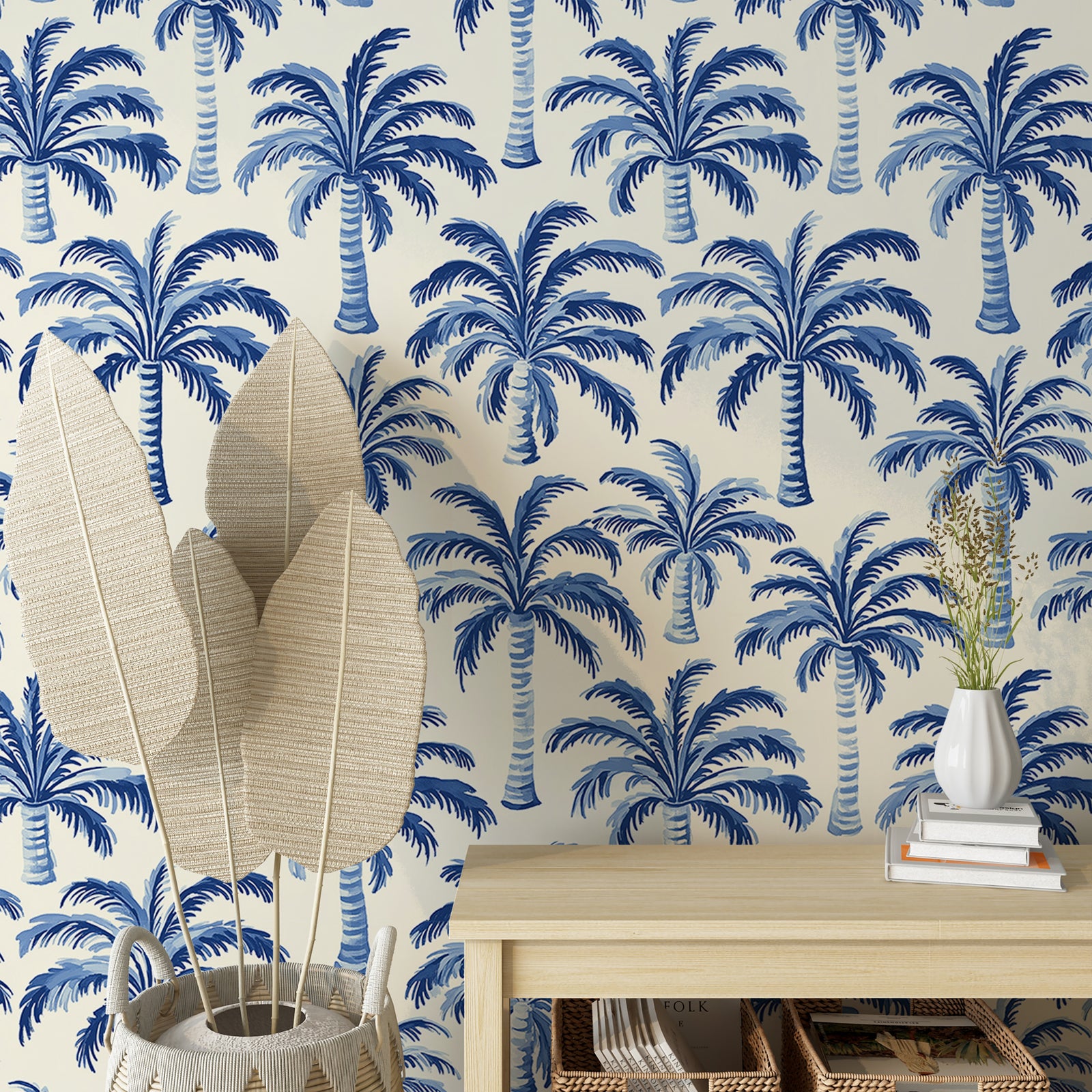 Blue and White Coastal Wallpaper - Palm Trees Pattern Wallpaper