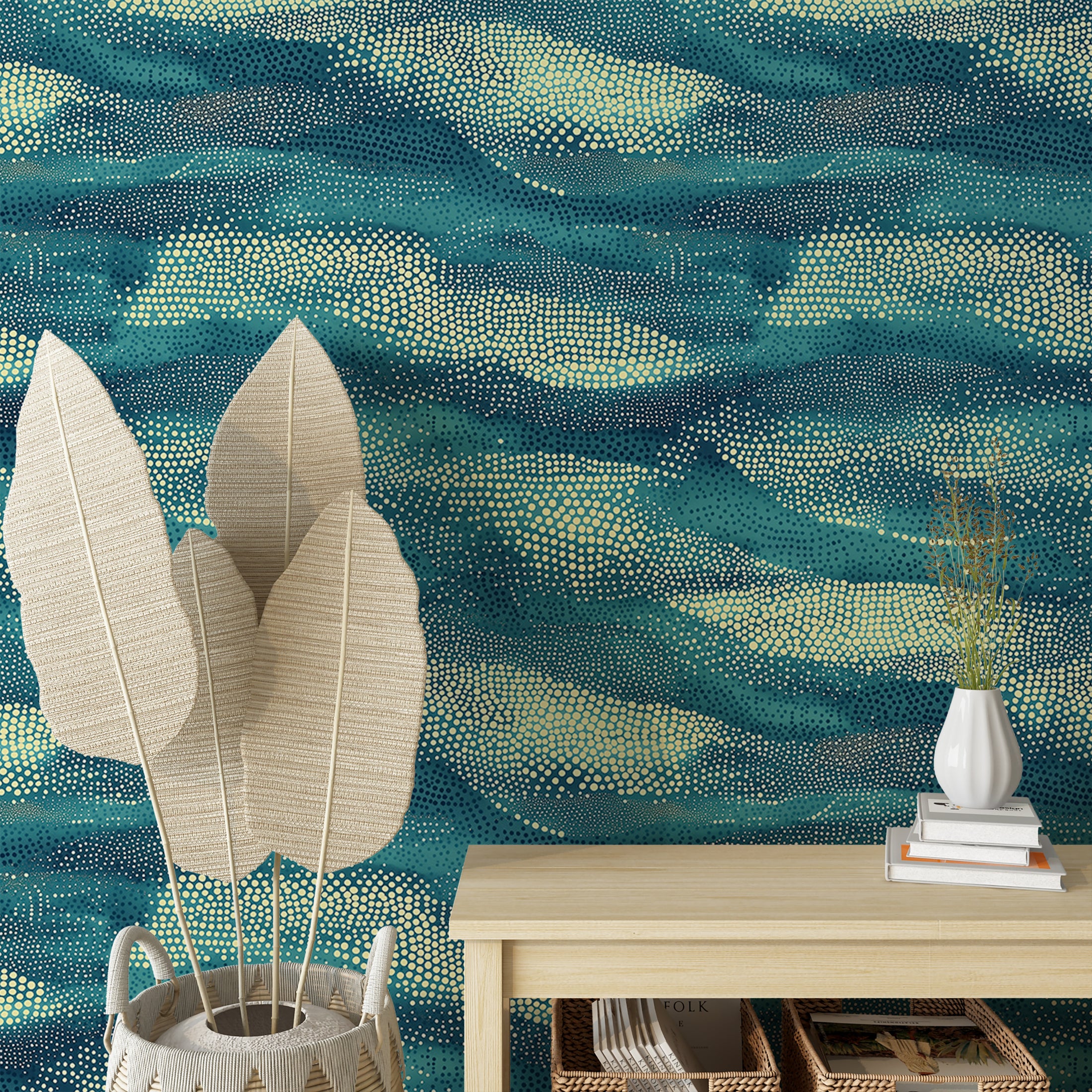 Blue and Beige Abstract Ocean Waves Wallpaper - Small Dots Wall Art