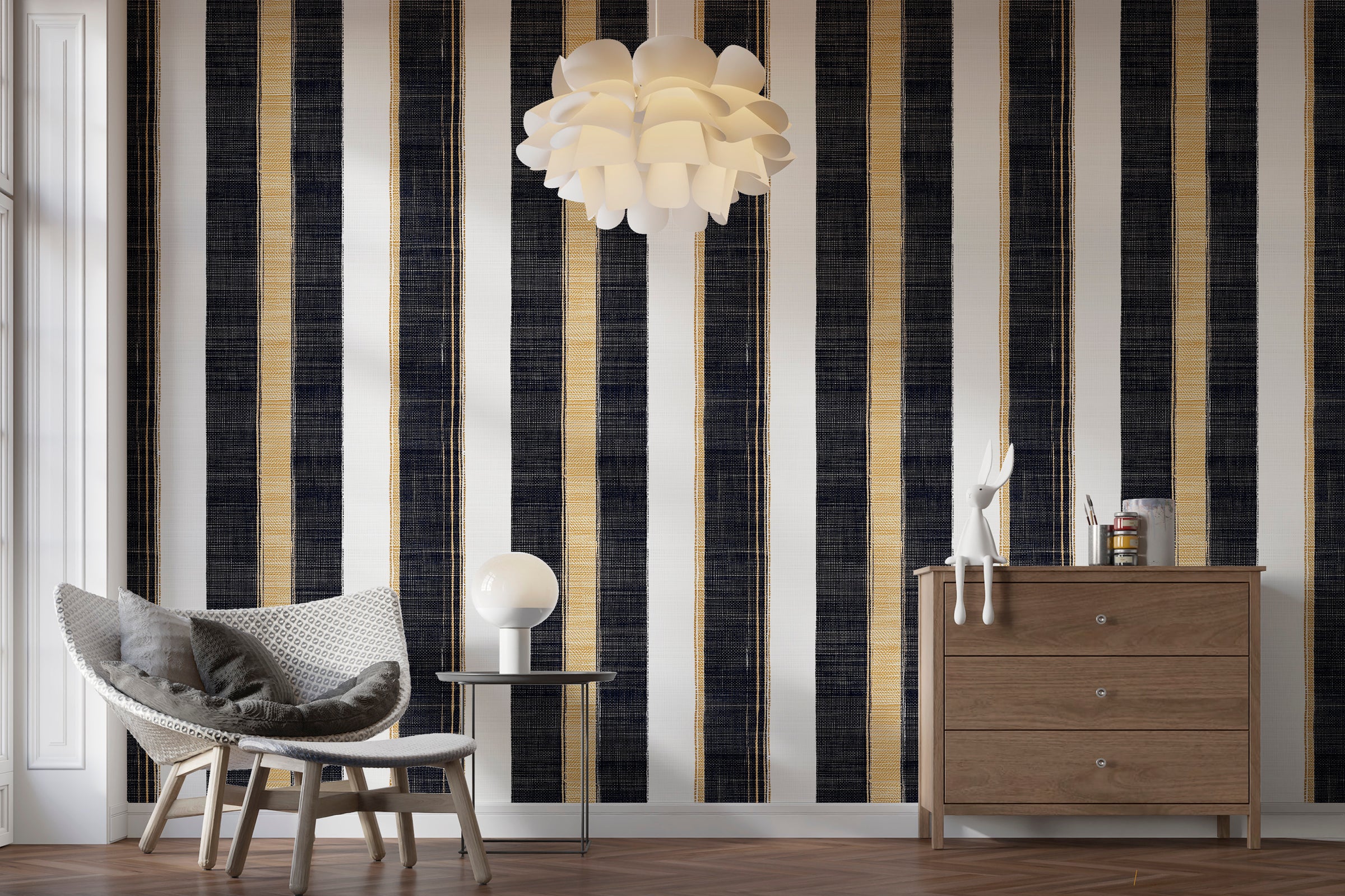 Timeless Luxury Striped Wallpaper - White Blue and Gold Wall Decor