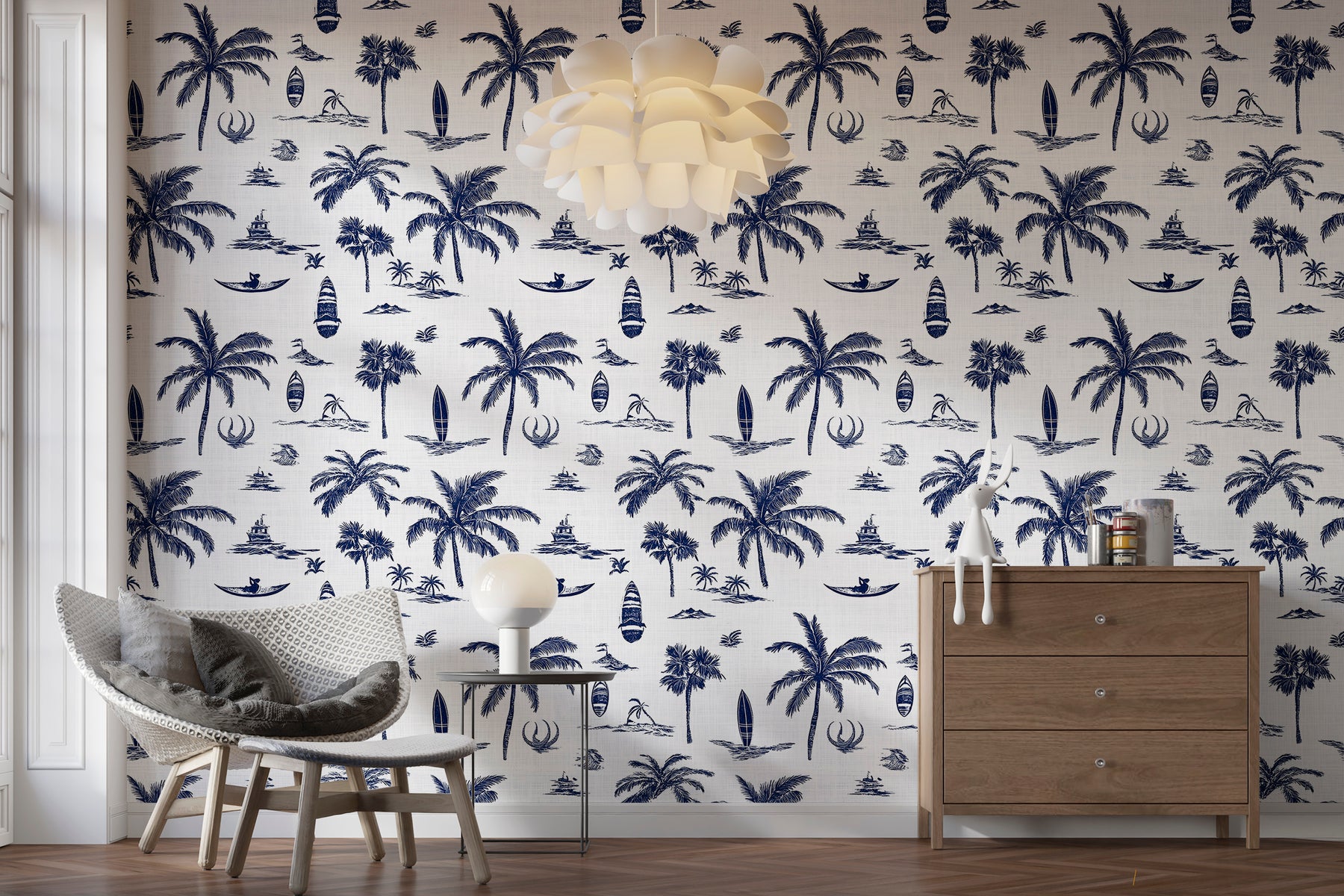 Blue and White Tropical Symbols Wallpaper - Palm Trees and Surfboards
