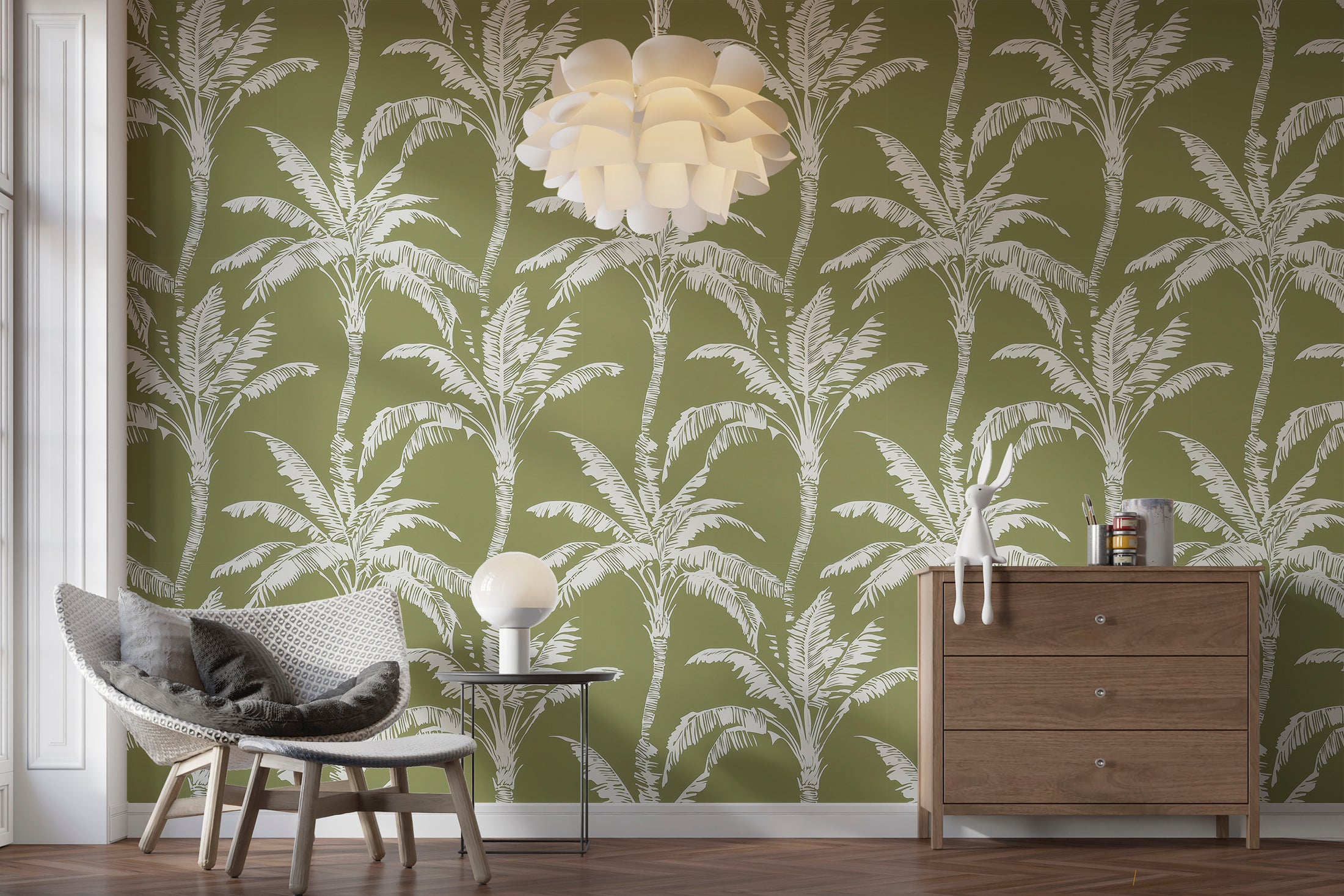 Olive Color Tropical Wallpaper - Palm Trees Pattern Wallpaper