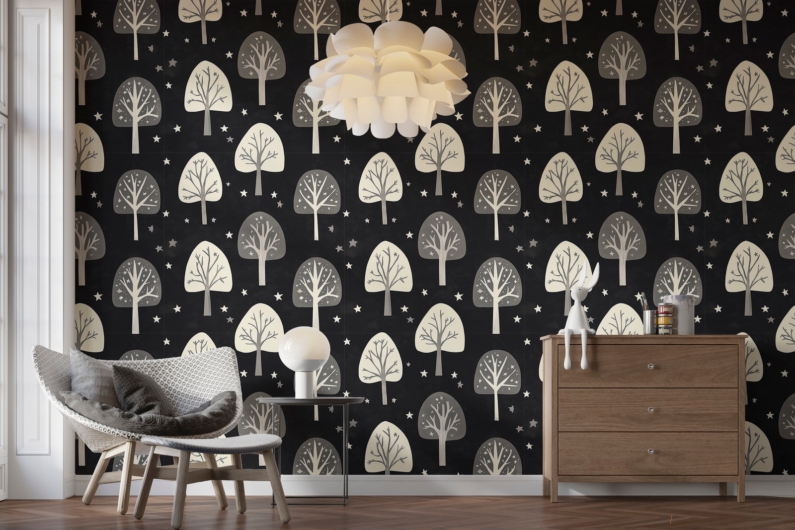 Beige Trees on Dark Background Wallpaper - Trees & Stars Wall Covering