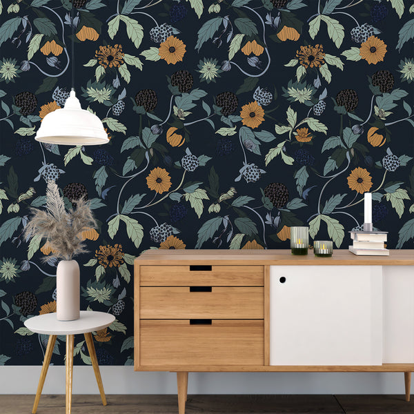 Dark Navy Blue Floral Wallpaper with Berries - Botanical Wall Decor