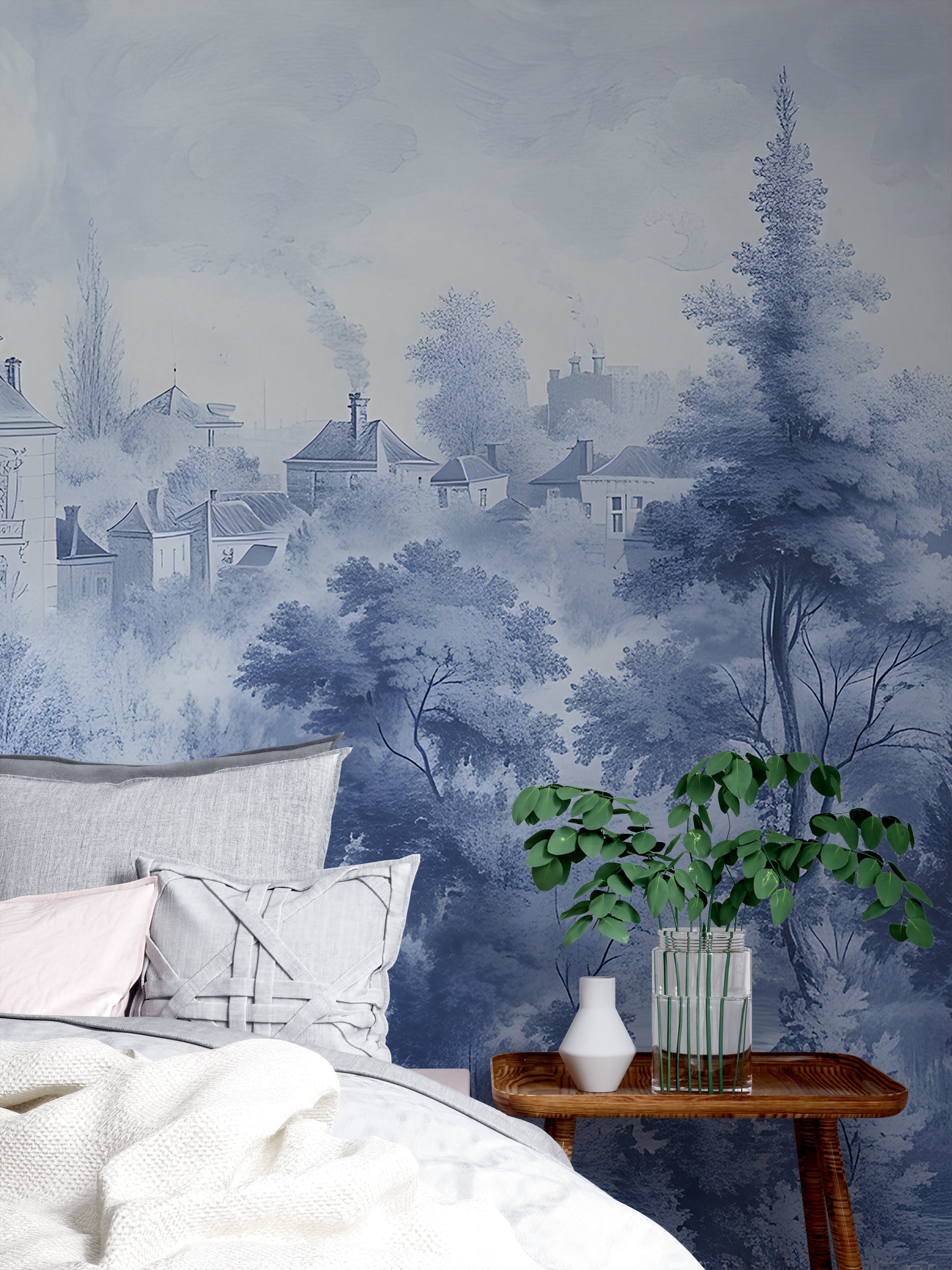 Blue Monochrome Trees and Village Mural - Toile de Jouy Style Mural