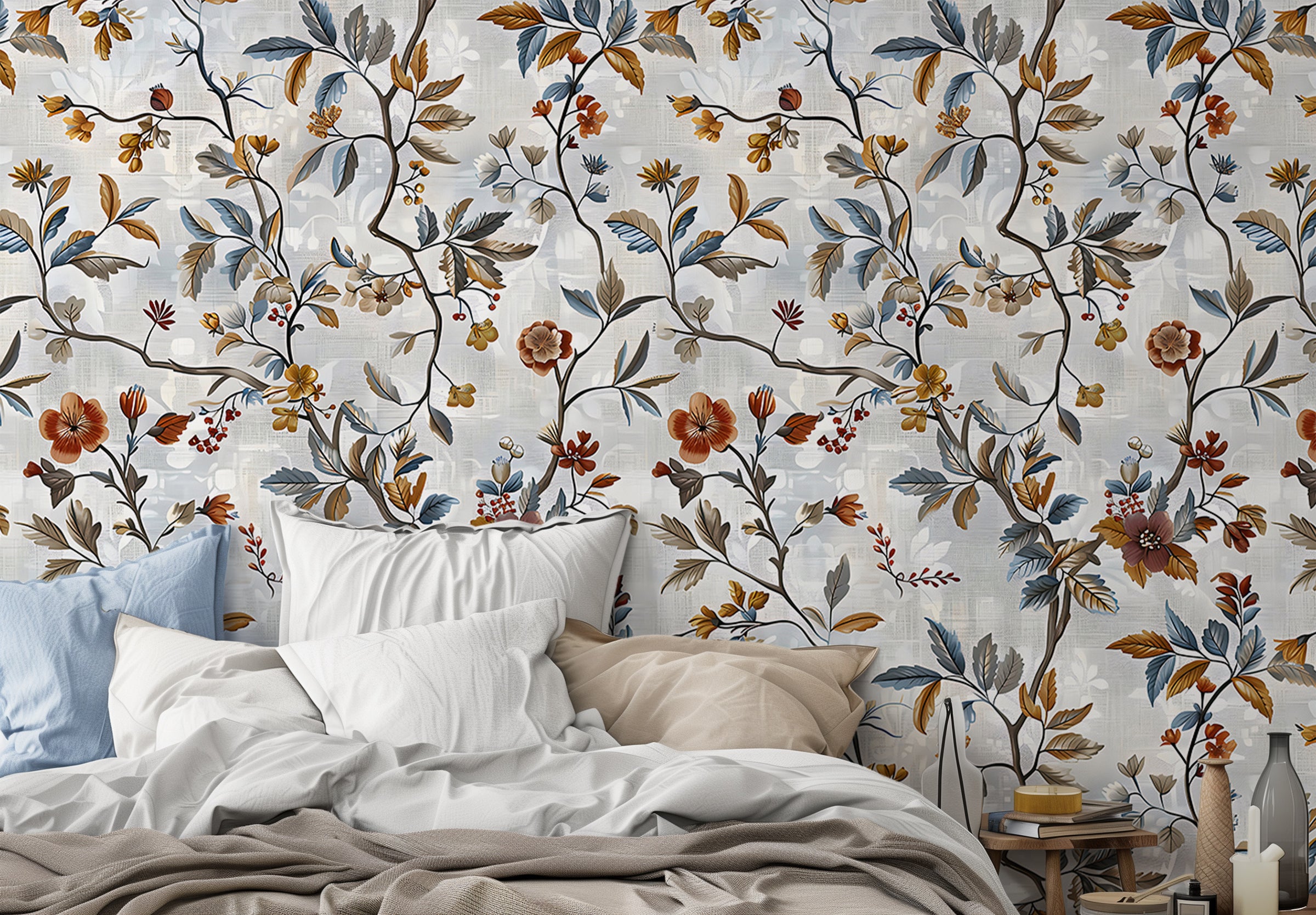 Grey Floral Peel and Stick Wallpaper - Autumn Color Flowers Wallpaper