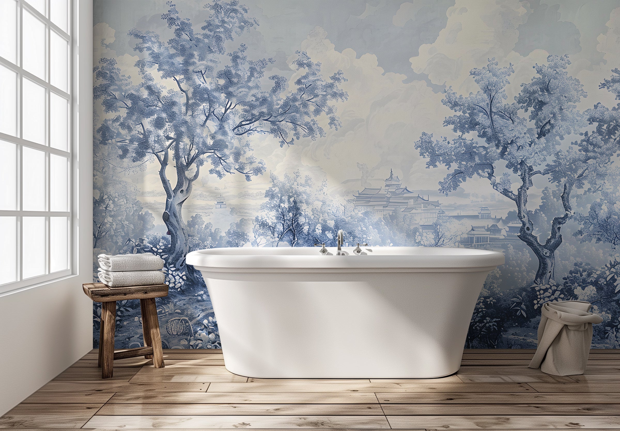 Blue Watercolor Trees Wallpaper - Classic French Style Landscape Mural