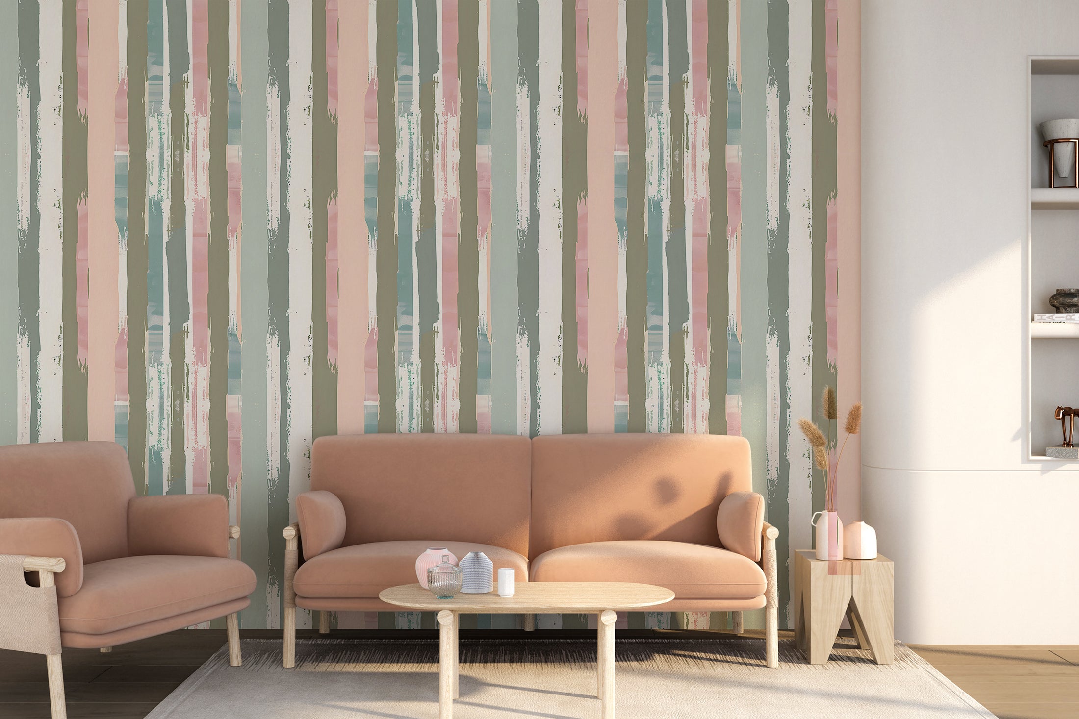 Soft Green and Pink Striped Wallpaper - Peel and Stick Ragged Stripes