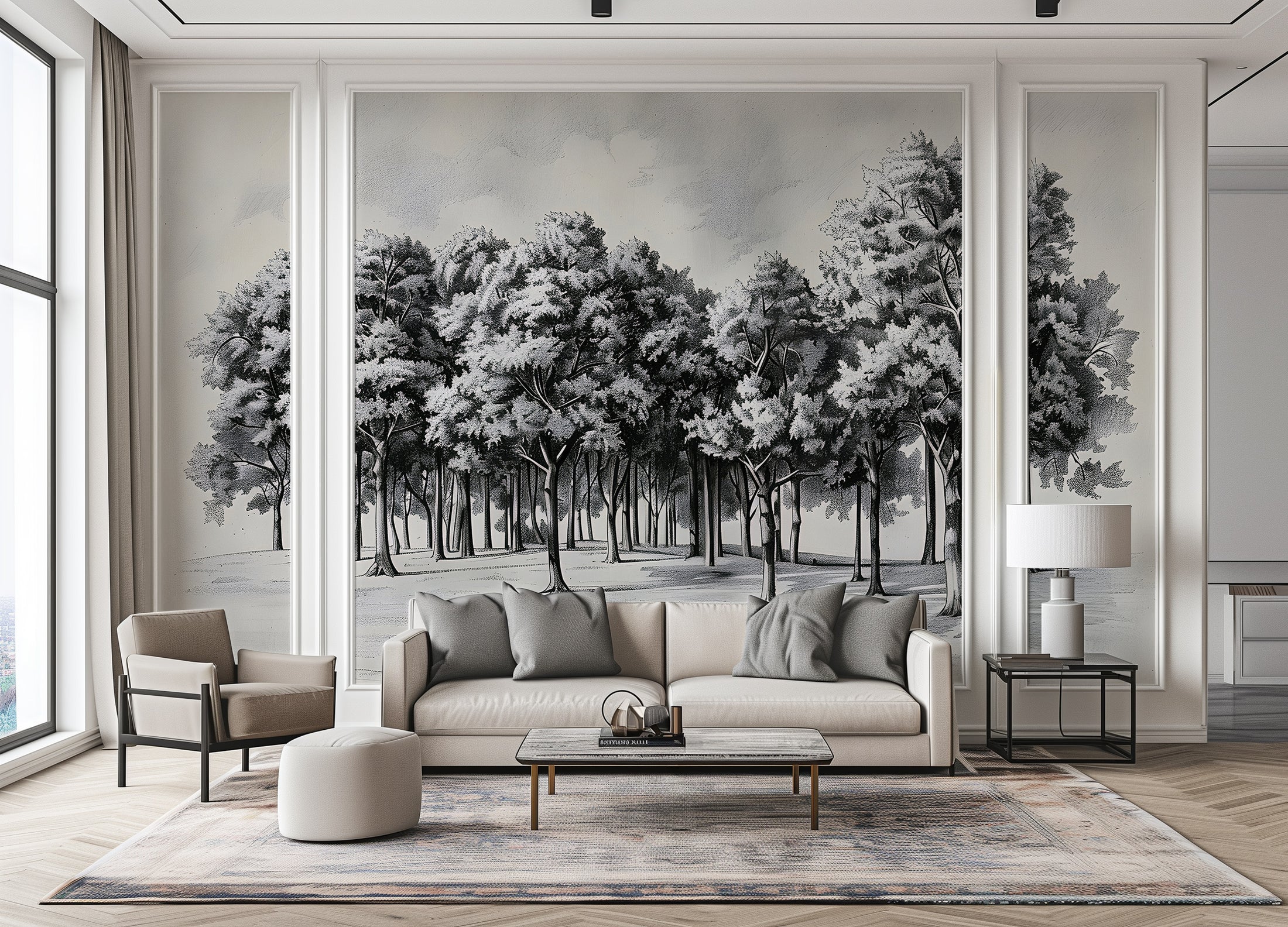 Black and White Trees Wall Mural - Pencil Drawing Tree Wallpaper