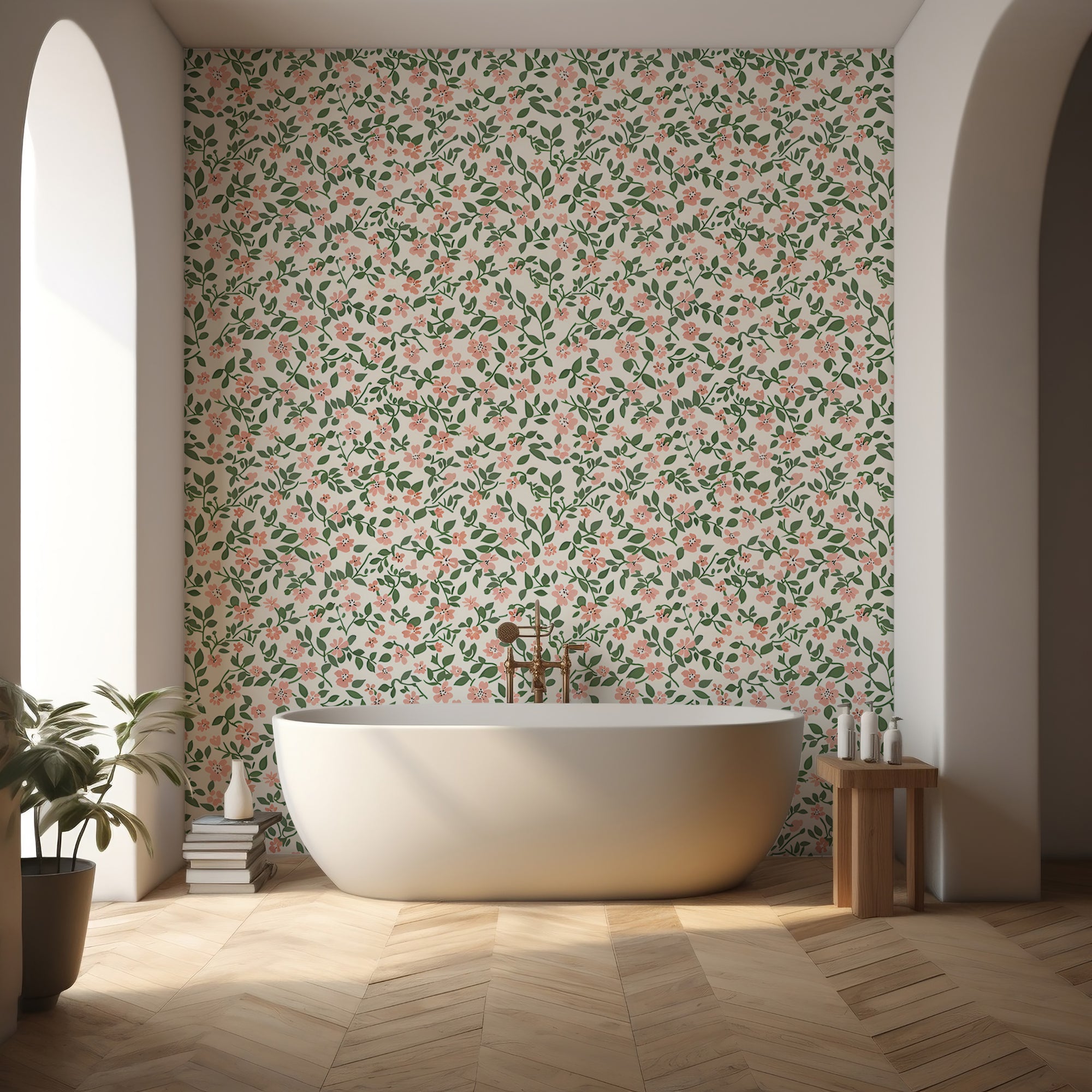 Small Flowers and Leaves Pattern Wallpaper - Watercolor Floral Decor