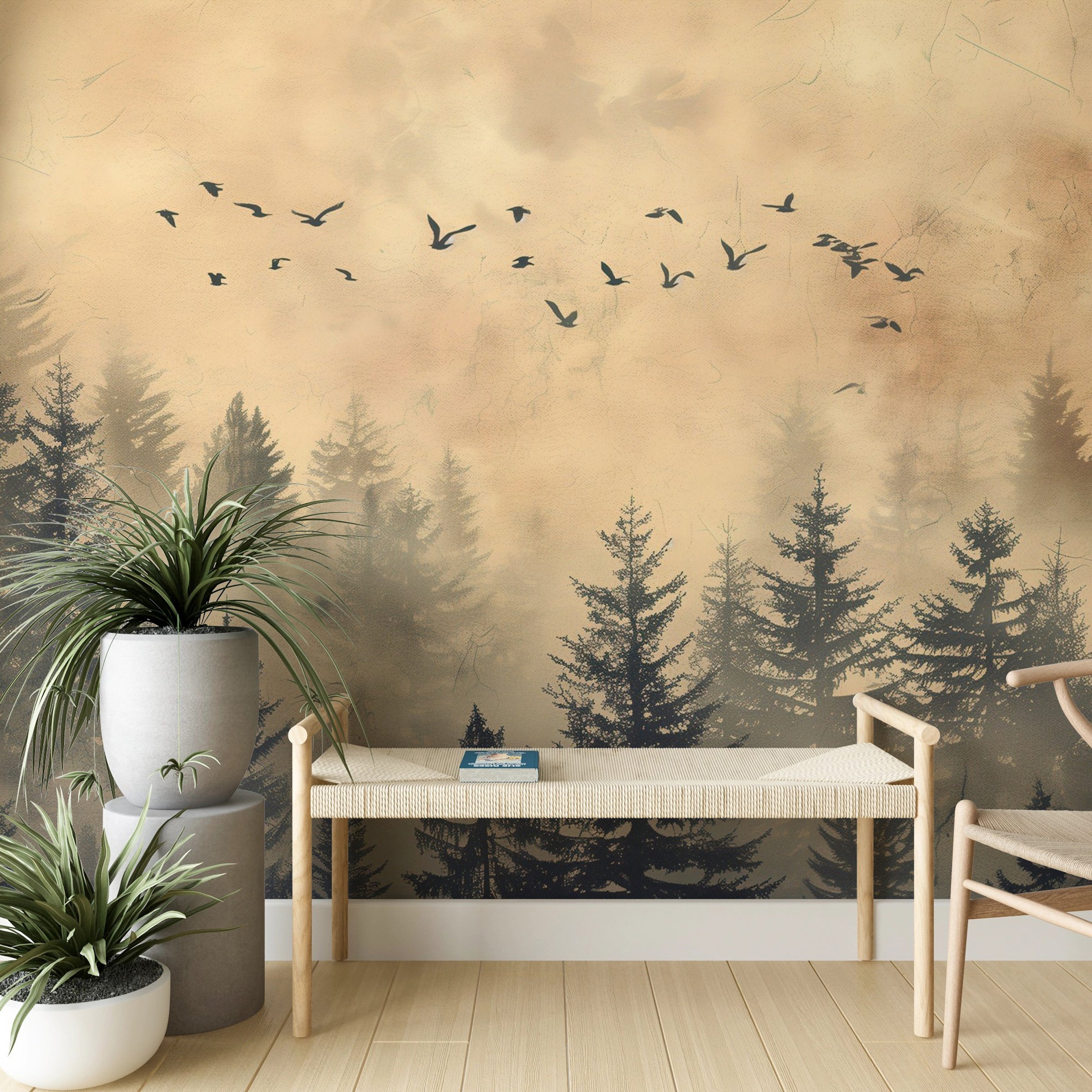 Birds and Pine Forest Vintage Mural - Beige Foggy Forest Wallpaper