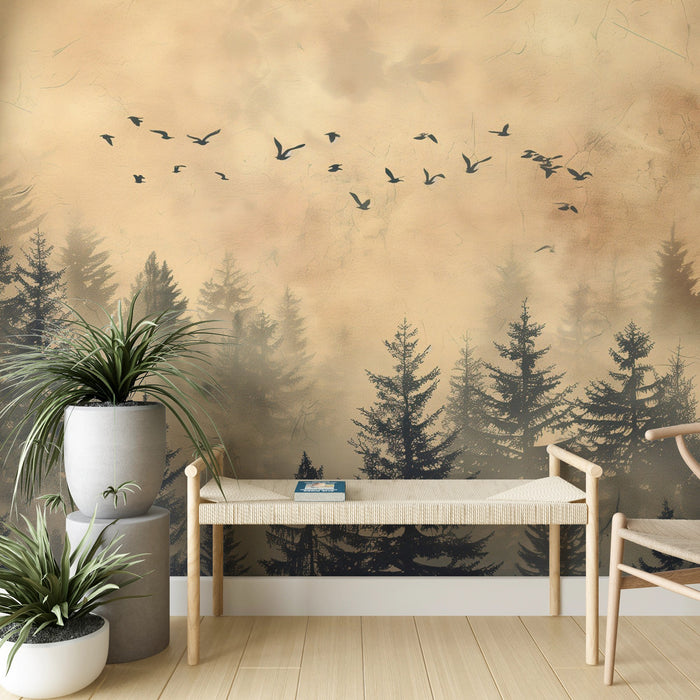 Birds and Pine Forest Vintage Mural - Beige Foggy Forest Wallpaper