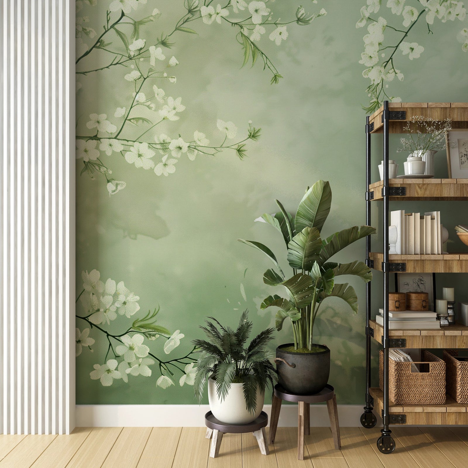 Soft Green Venetian Plaster Mural - Cherry Blossom Branches Wallpaper