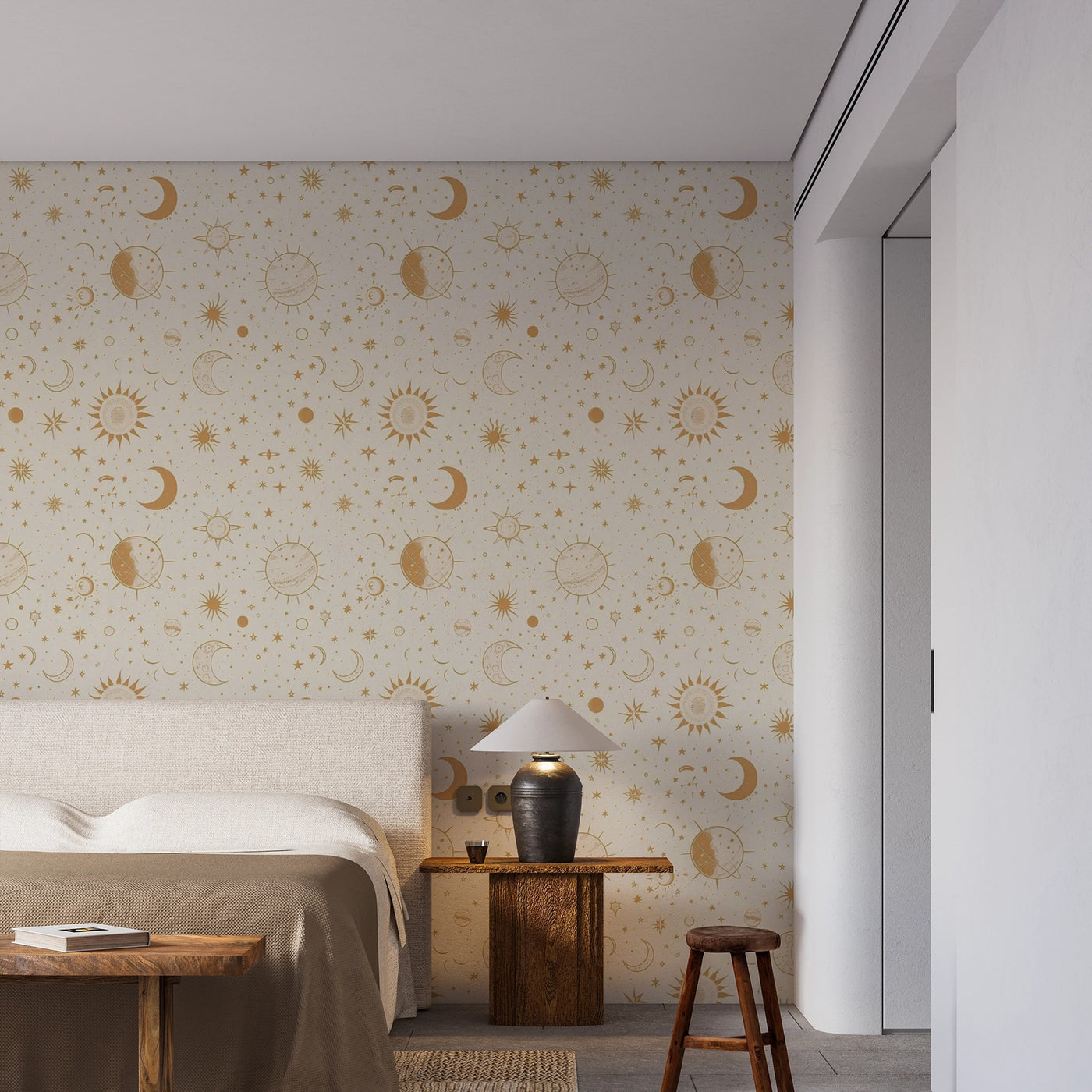 Beige Celestial Wallpaper - Planets Stars and Sun Pattern Wallpaper