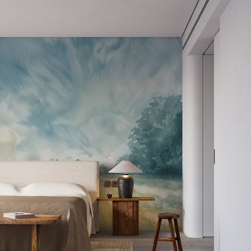 Muted Scenic Mural - Field and Trees Landscape Vintage Wallpaper