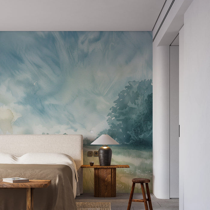 Muted Scenic Mural - Field and Trees Landscape Vintage Wallpaper