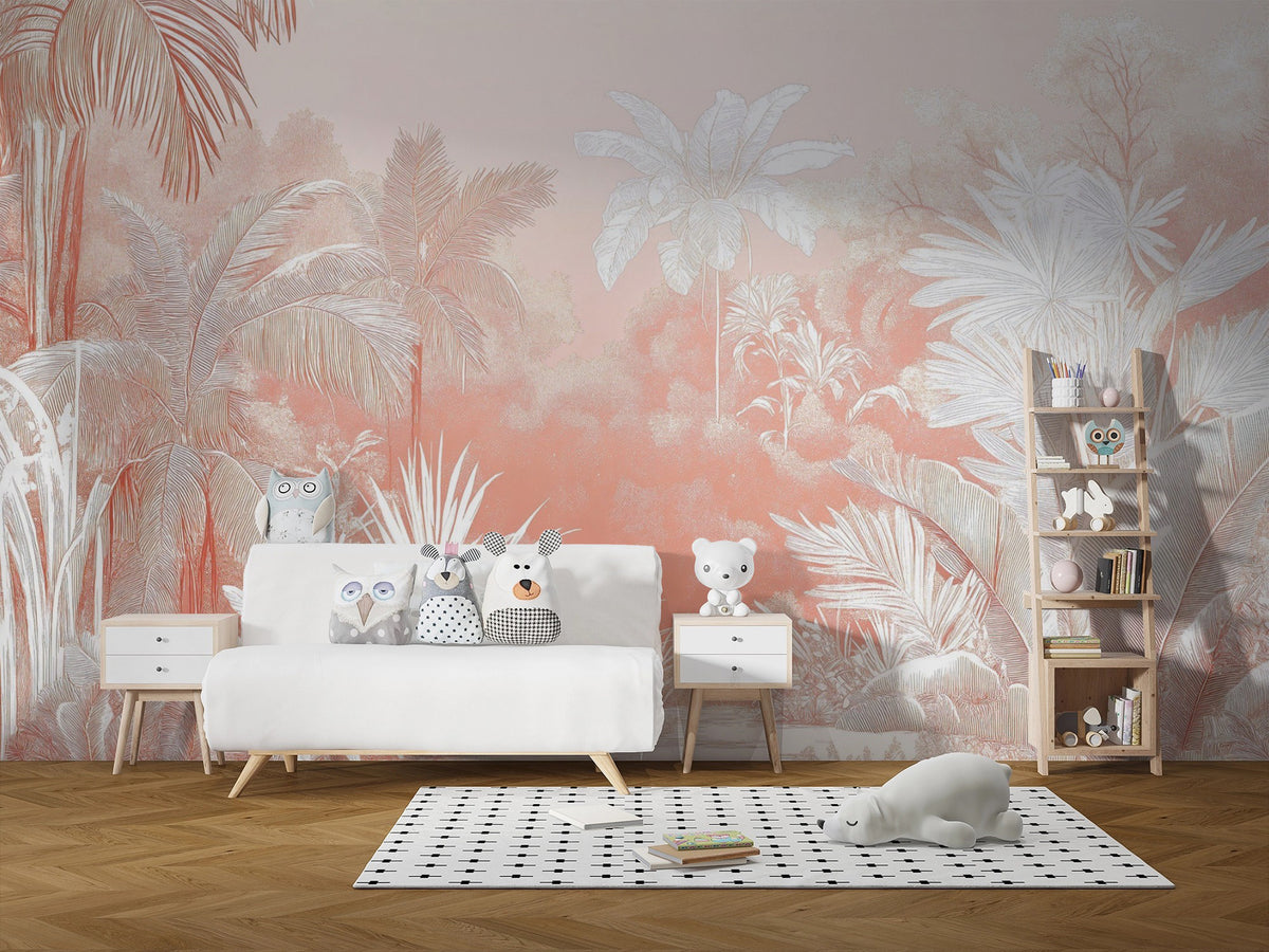 Pink and White Monochrome Tropical Forest Mural - Abstract Jungle Art