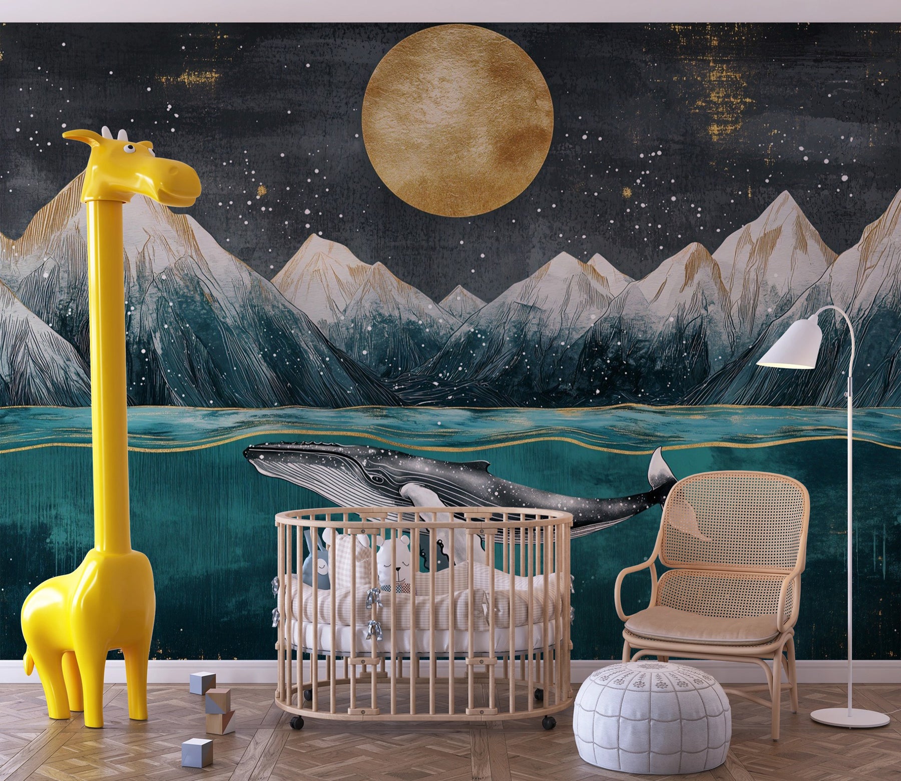 Whale and Mountains Art-Deco Wallpaper - Whale Under the Water Mural